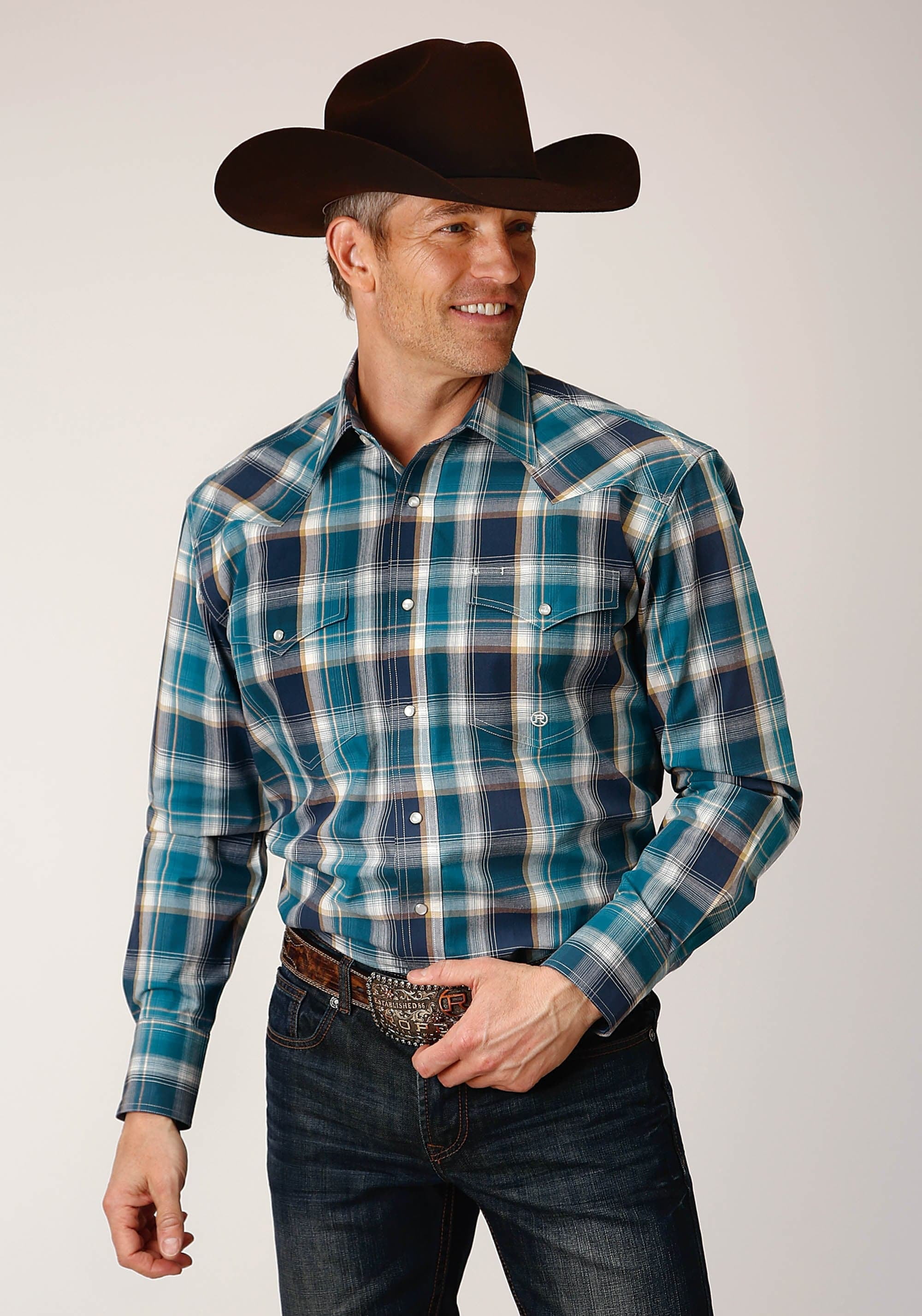 Roper Mens Long Sleeve Snap Blueberry Plaid Western Shirt - Walmart.com