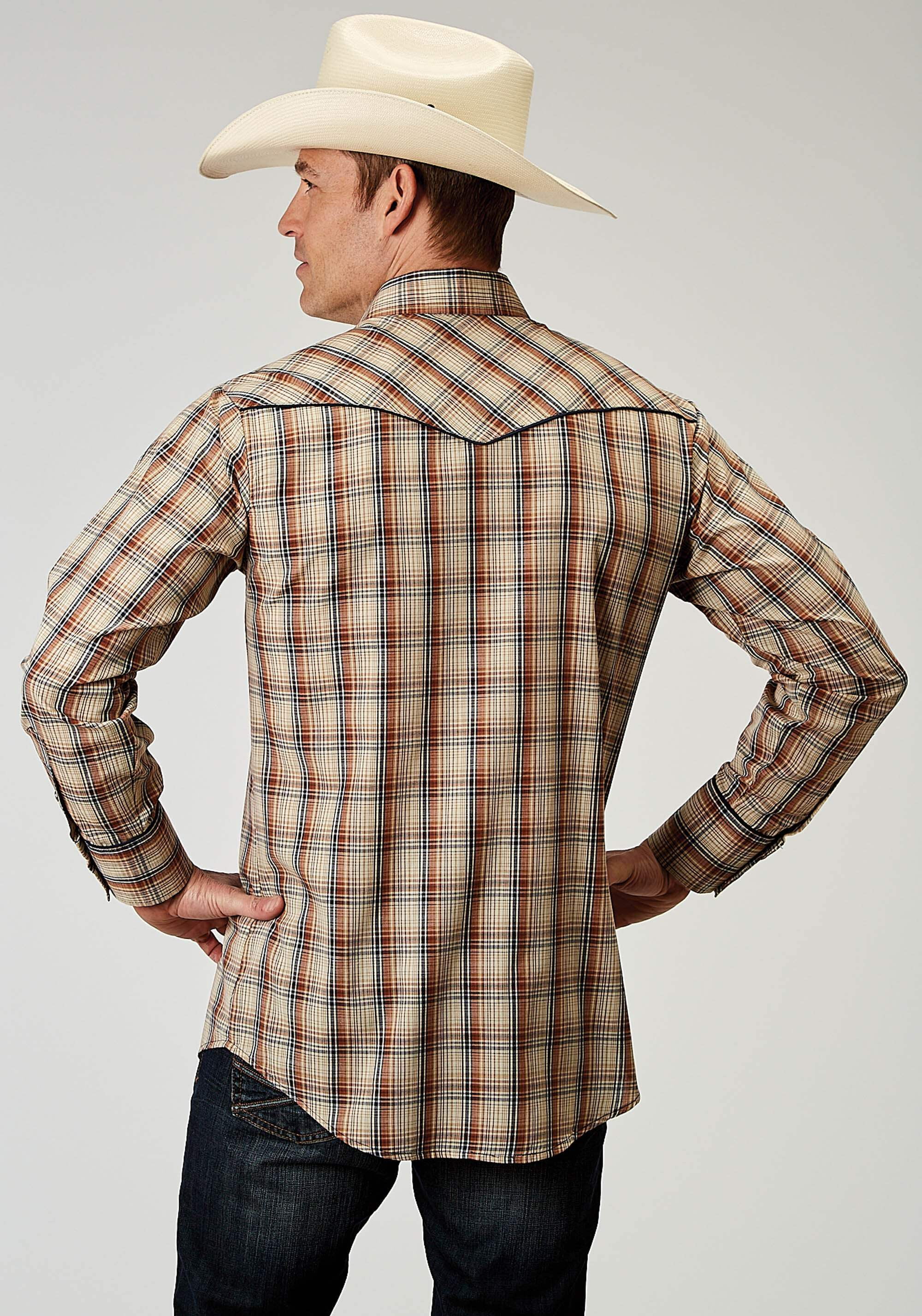 Roper Mens Long Sleeve Snap Brown Plaid Western Shirt With Solid Piping ...