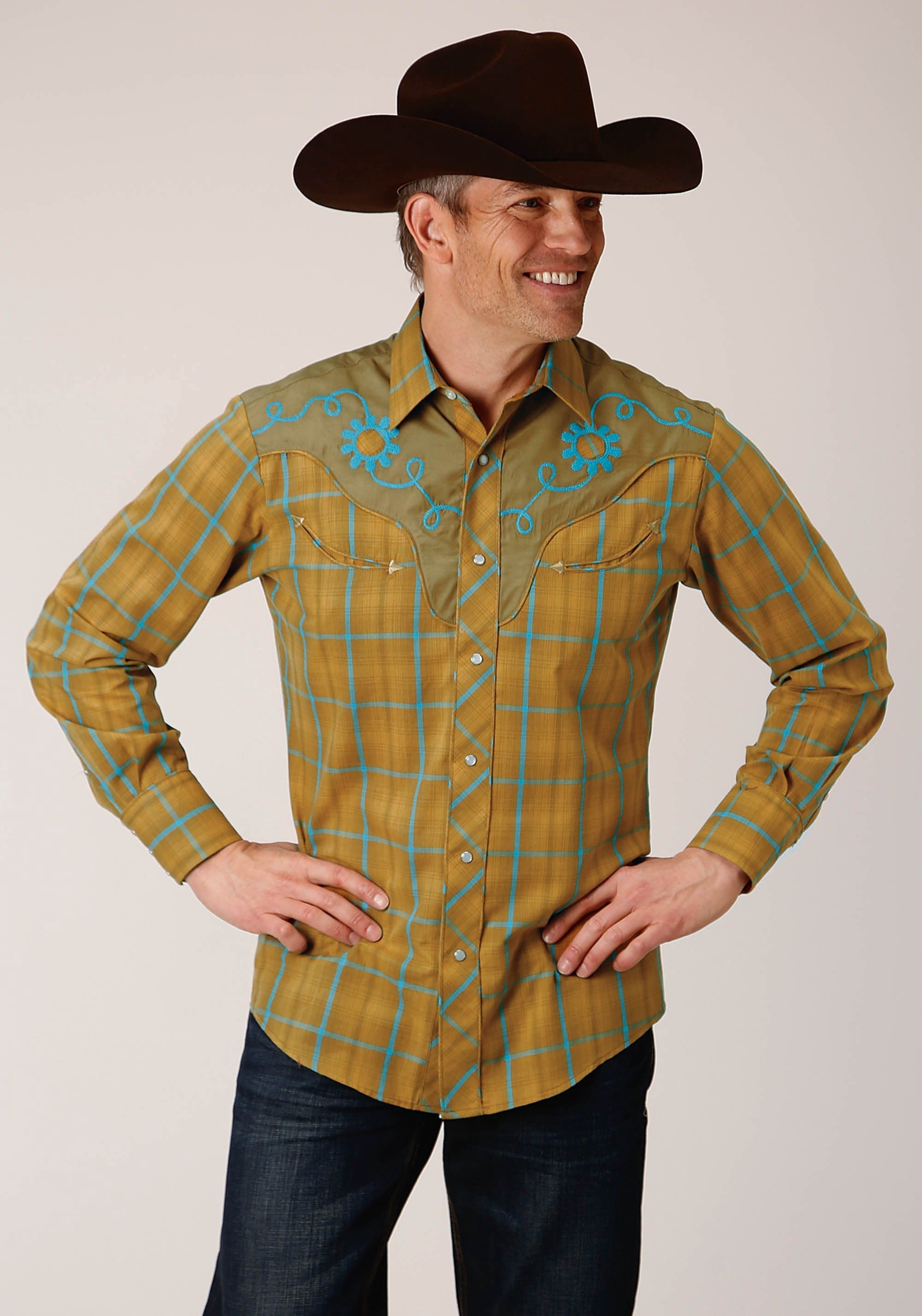 Roper Mens Long Sleeve Snap Butterscotch Turquoise Plaid Western Shirt ...