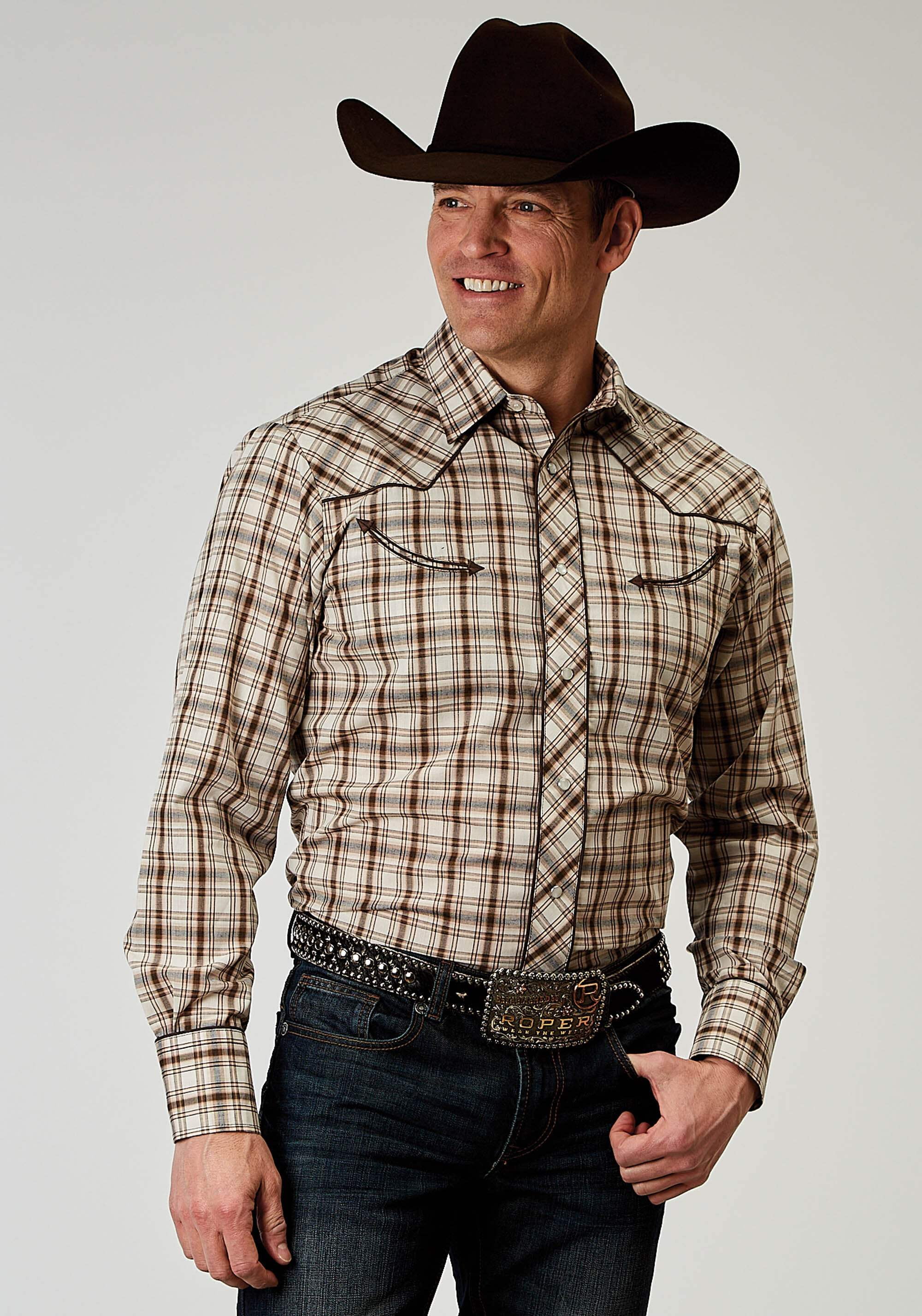 Roper Mens Long Sleeve Snap Desert Plaid Western Shirt With Embroidery ...