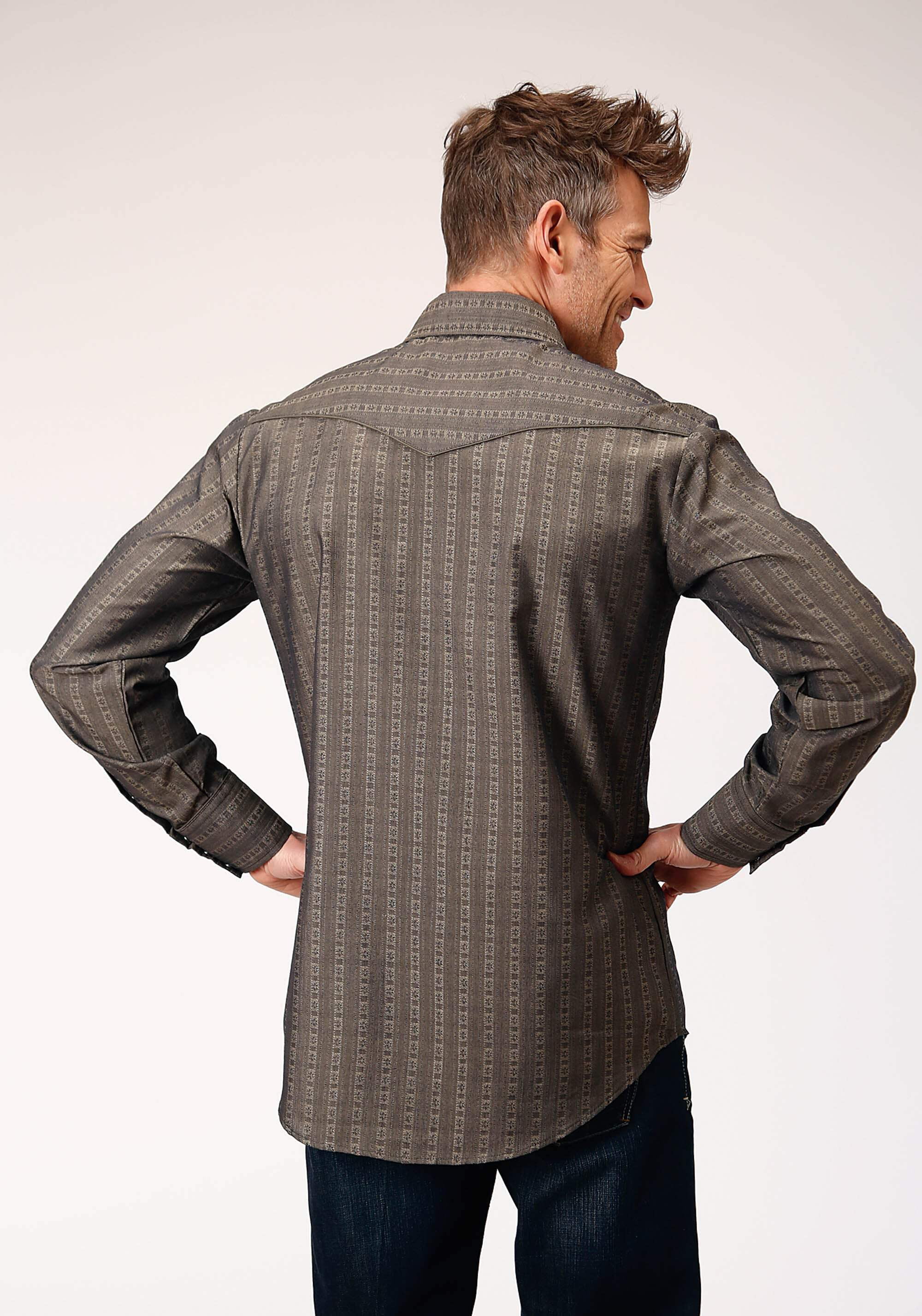 Roper Mens Long Sleeve Snap Grey Floral Tone On Tone Strip Western ...