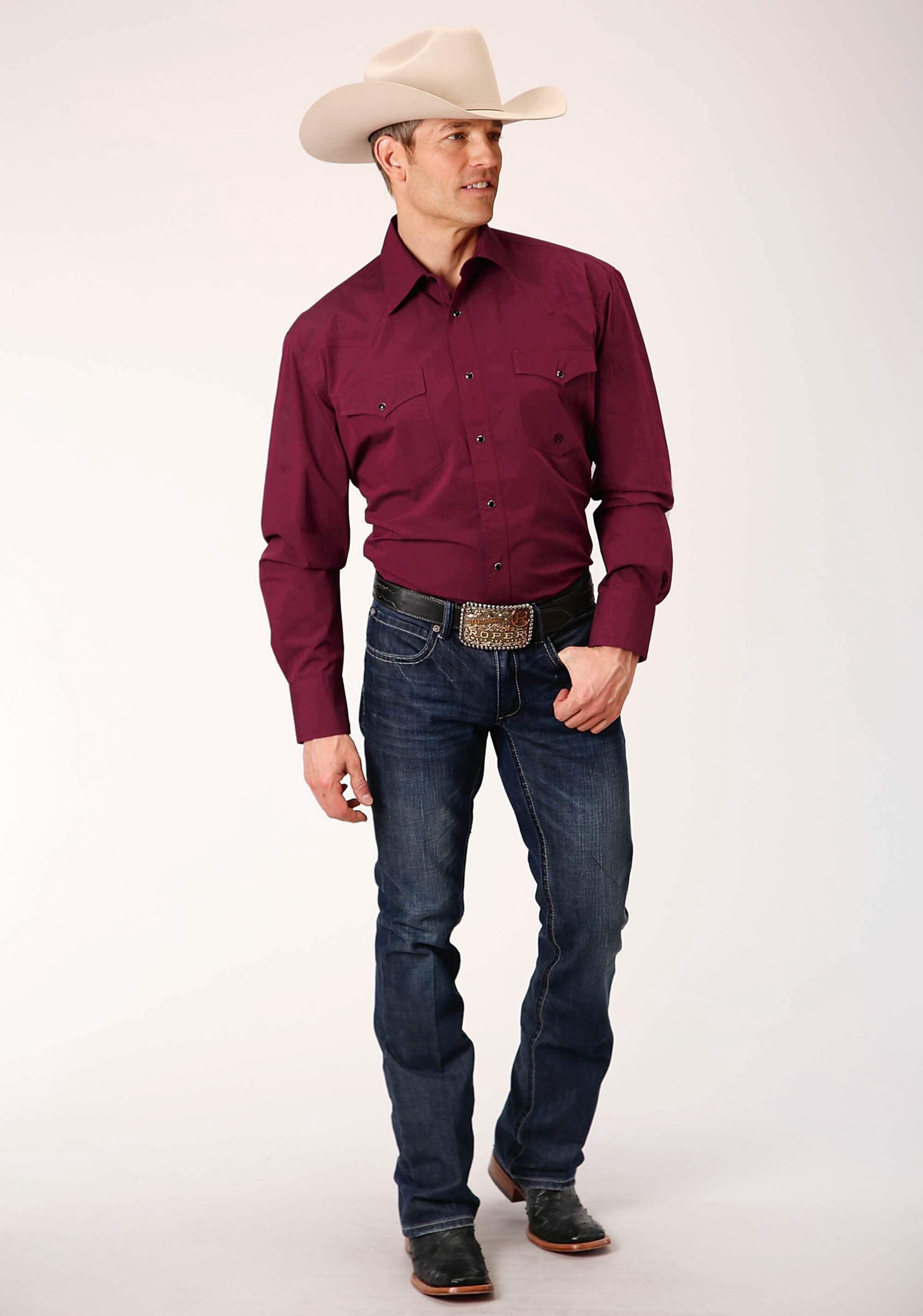 Roper Mens Long Sleeve Snap Solid Black Fill Wine Western Shirt Tall ...