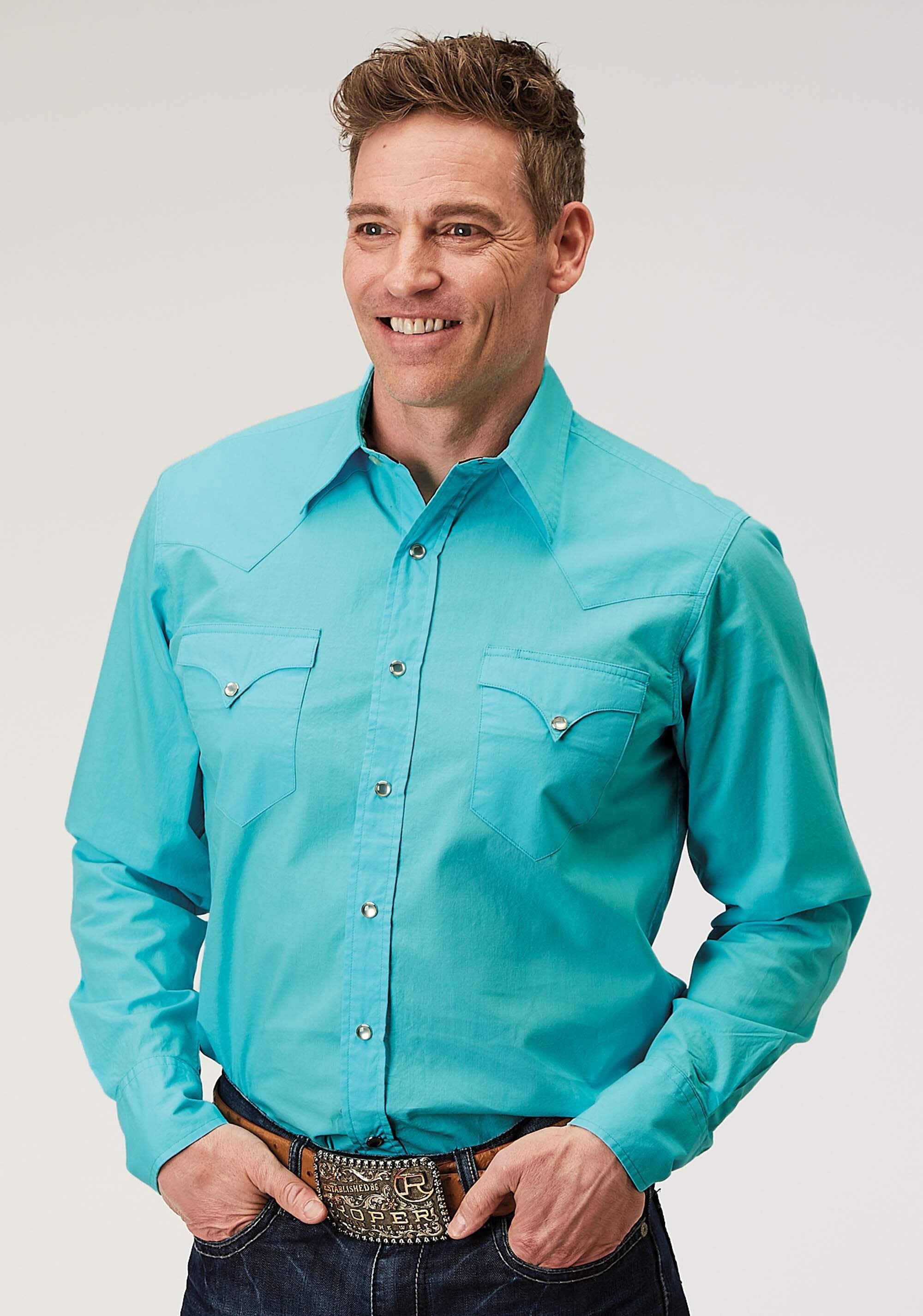 Roper Mens Long Sleeve Snap Solid Poplin Turquoise Western Shirt ...