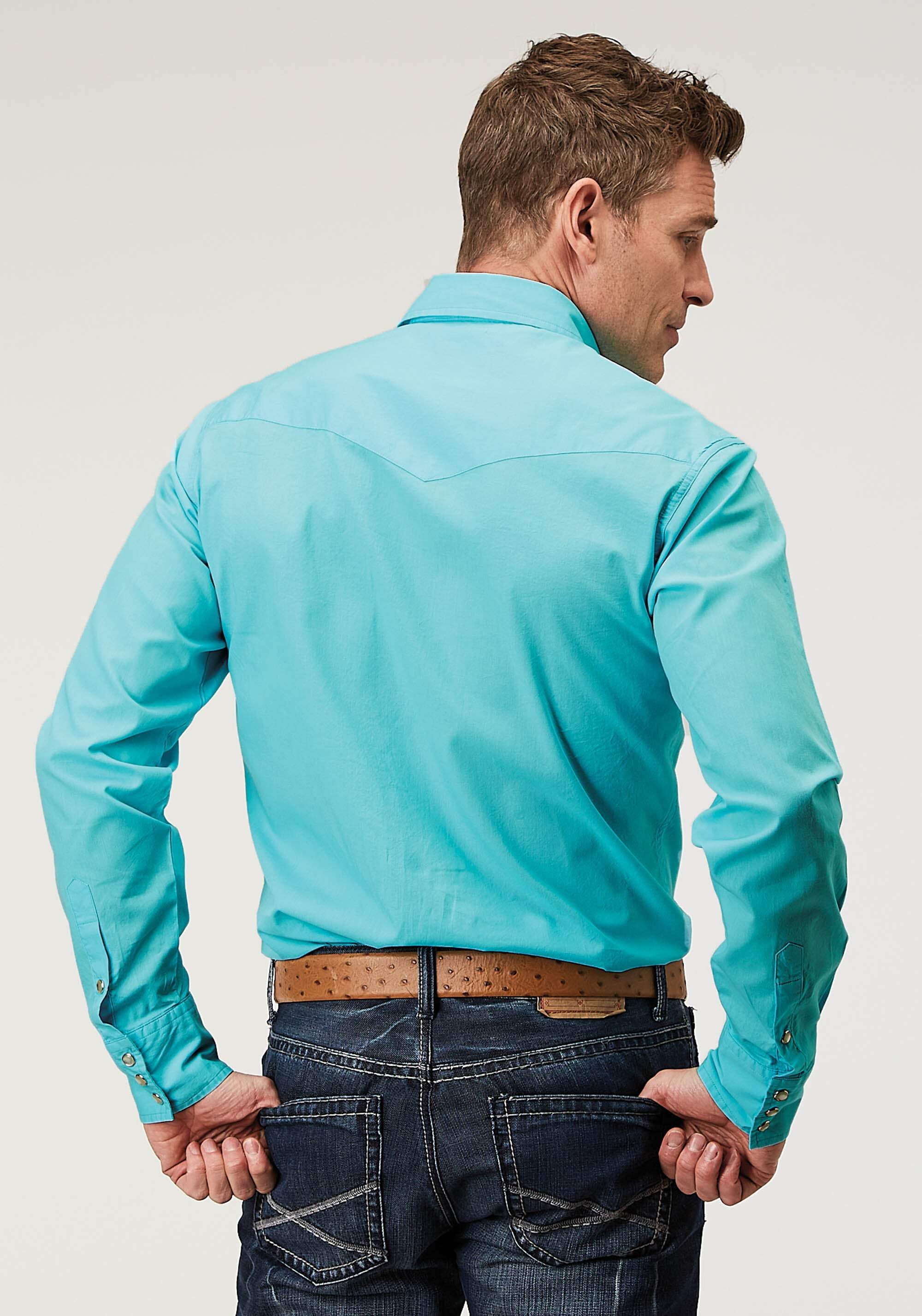 Roper Mens Long Sleeve Snap Solid Poplin Turquoise Western Shirt ...
