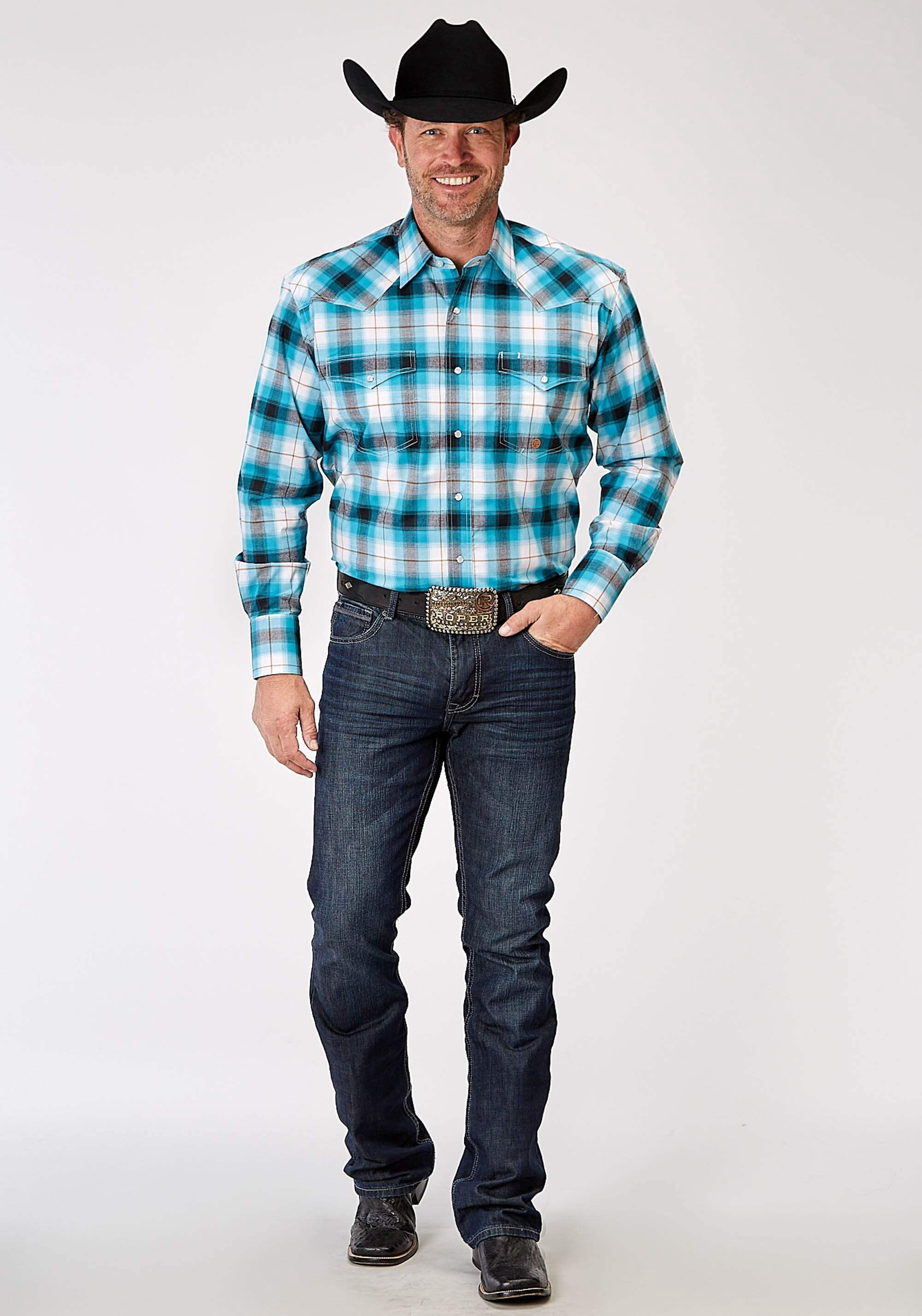 Roper Mens Long Sleeve Snap Stretch Poplin Turquoise Plaid Western ...