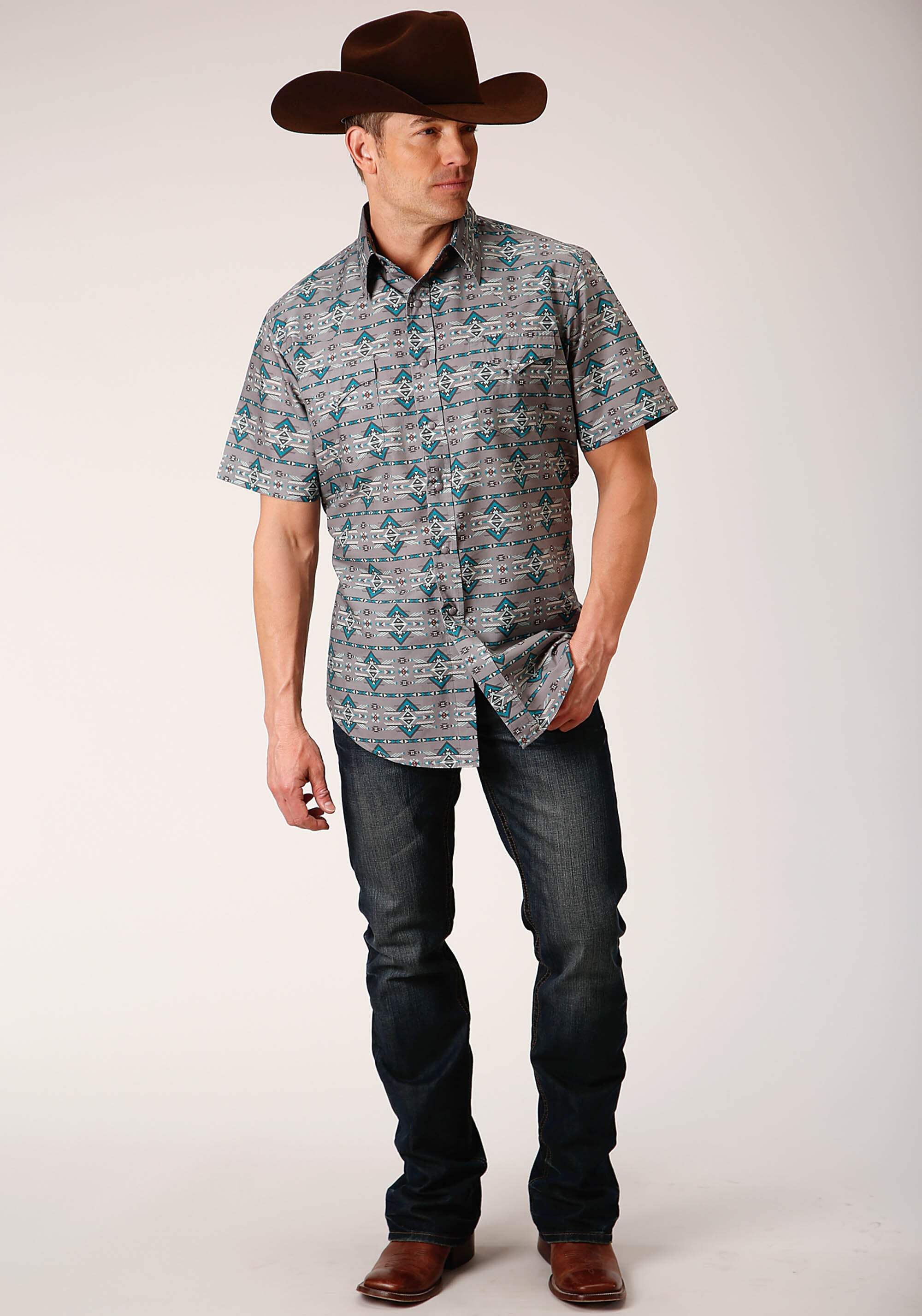 Roper Mens Short Sleeve Snap Geometric Aztec Western Shirt - Walmart.com