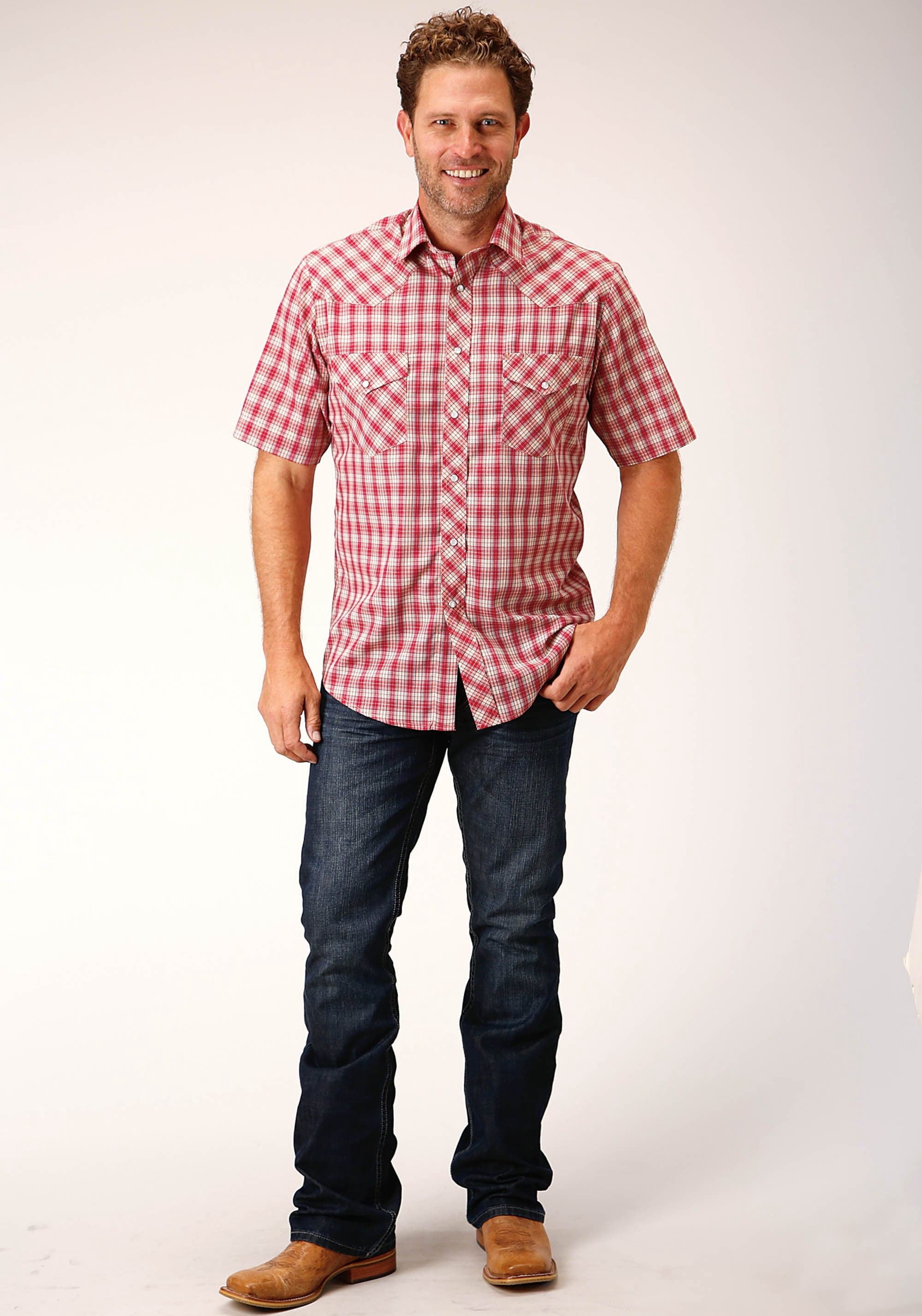 Roper Mens Short Sleeve Snap Red And Multi Colored Small Scale Western ...