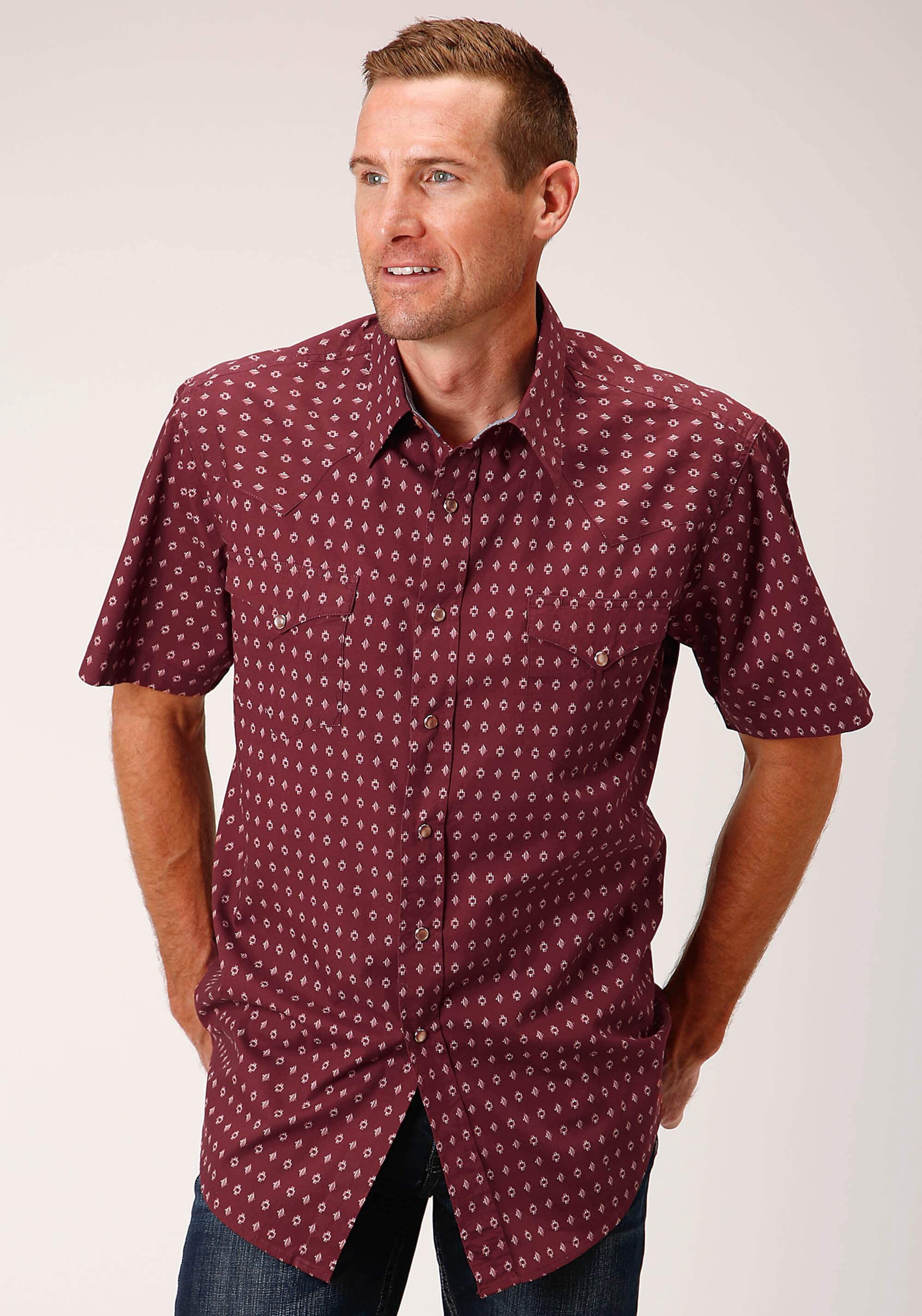 Roper Mens Short Sleeve Snap Texture Diamond Print Western Shirt ...