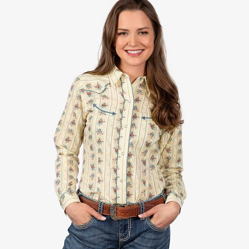 Roper Women's Floral Striped Long Sleeve Snap Western Shirt Cream Small ...