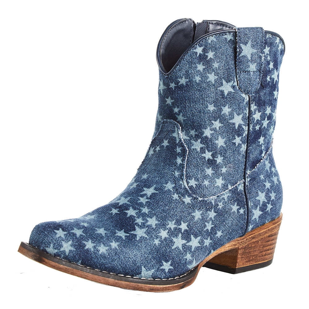 Roper Women's Stone Wash Denim Western Booties Snip Toe Blue 7 1/2 M US ...