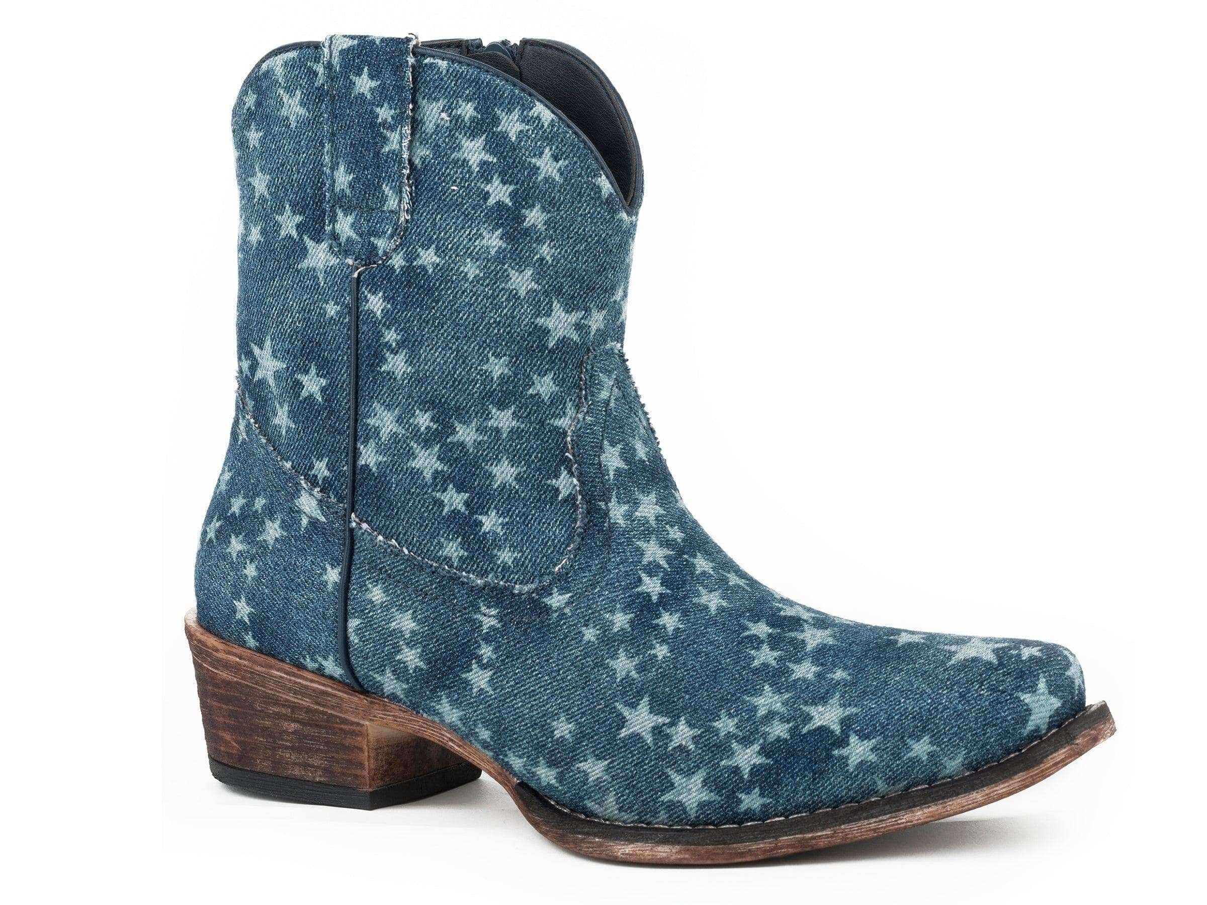 Roper Women's Stone Wash Denim Western Booties Snip Toe Blue 9 1/2 M US ...