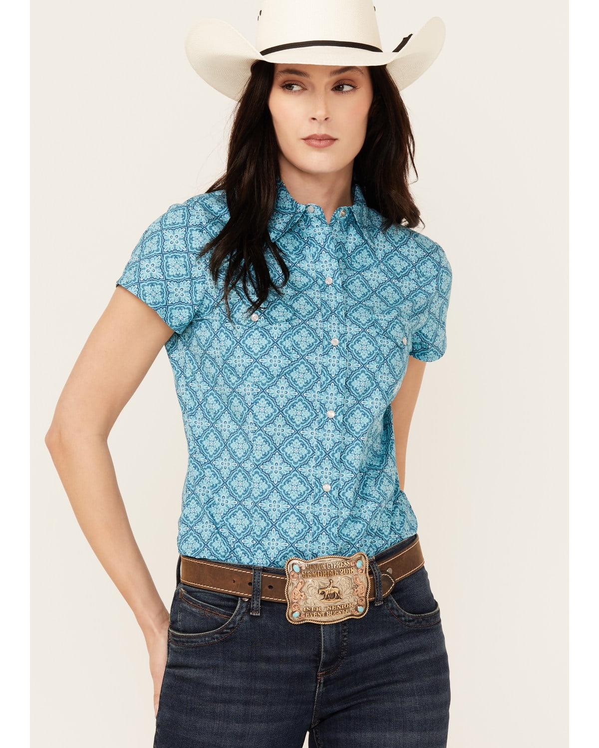 Roper Women's Turquoise Lake Geo Print Short Sleeve Snap Western Shirt Blue Medium US - Walmart.com