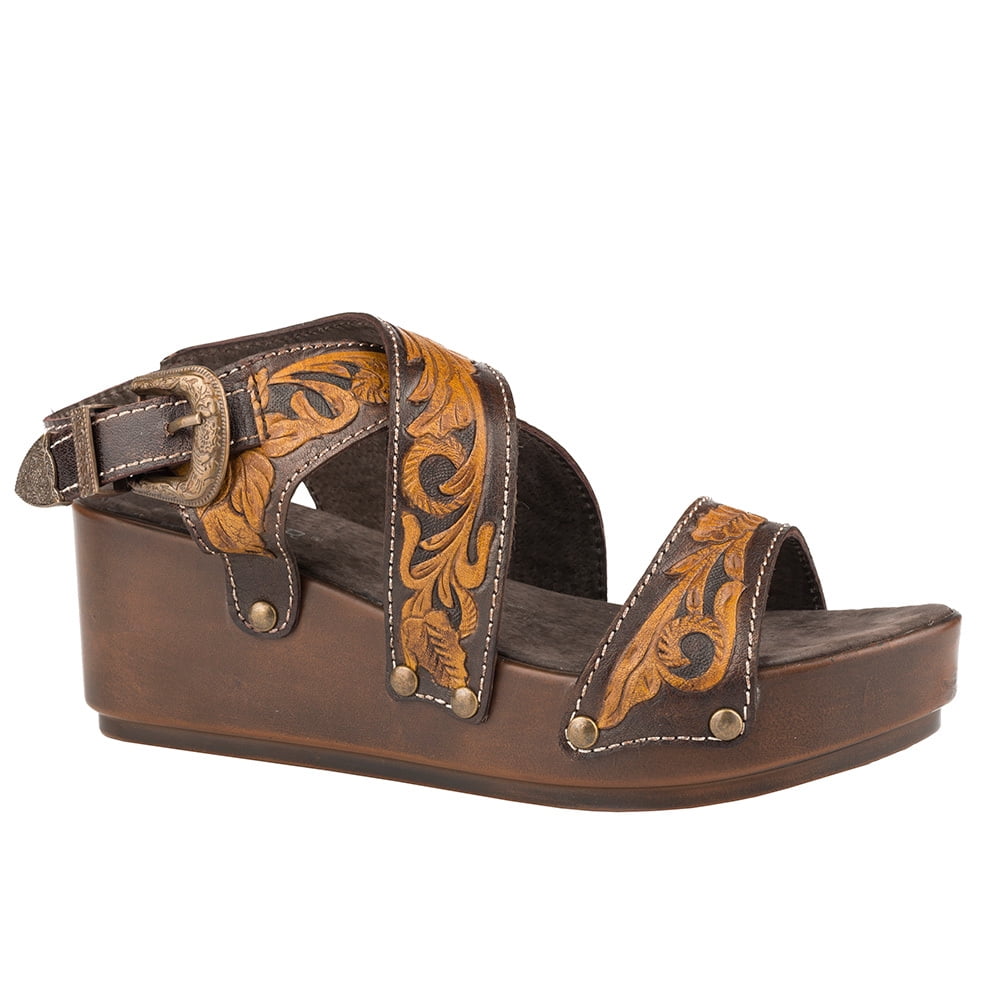 Roper Womens Brown Tan Tooled Cross Band Strap Wedge Sandal - Walmart.com
