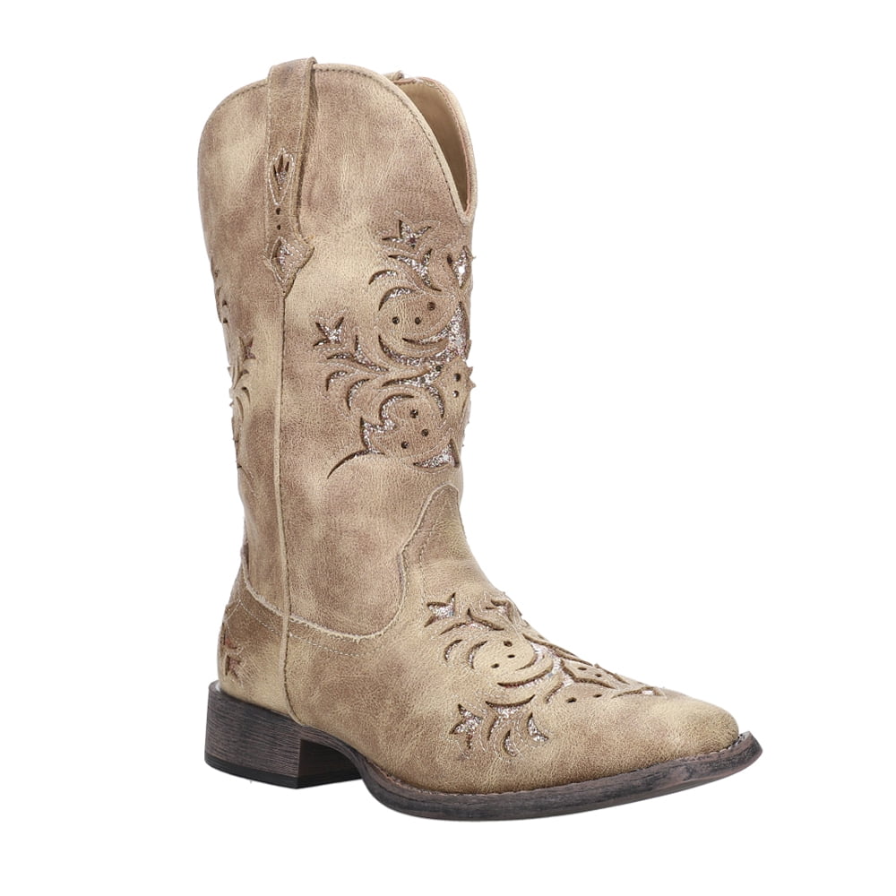 Roper Western Cowgirl Boots, Kennedy Glitter Inlay Square Toe Mid Calf ...