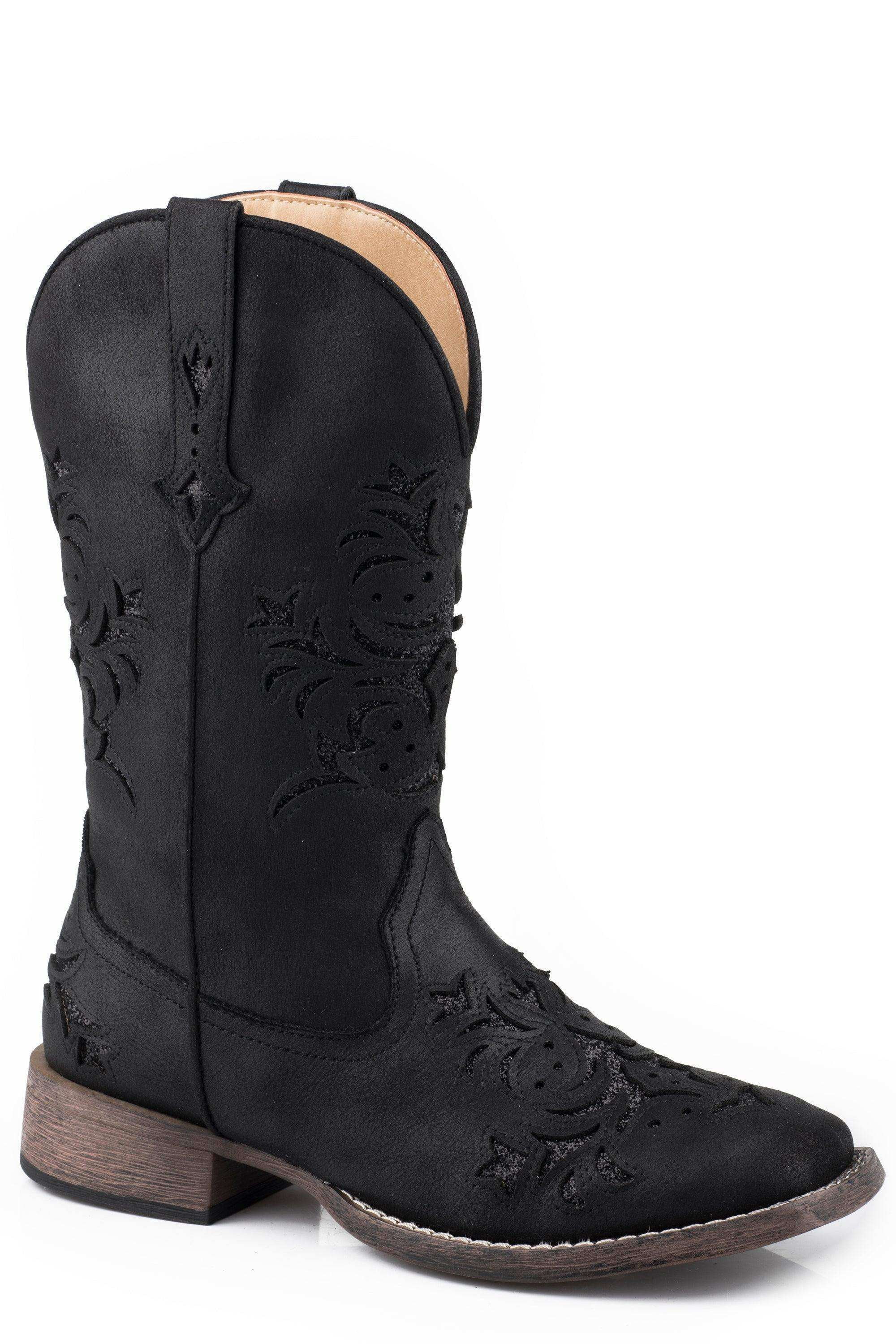 Roper Womens Kennedy Glitter Tooled Inlay Square Toe Cowboy Mid Calf ...