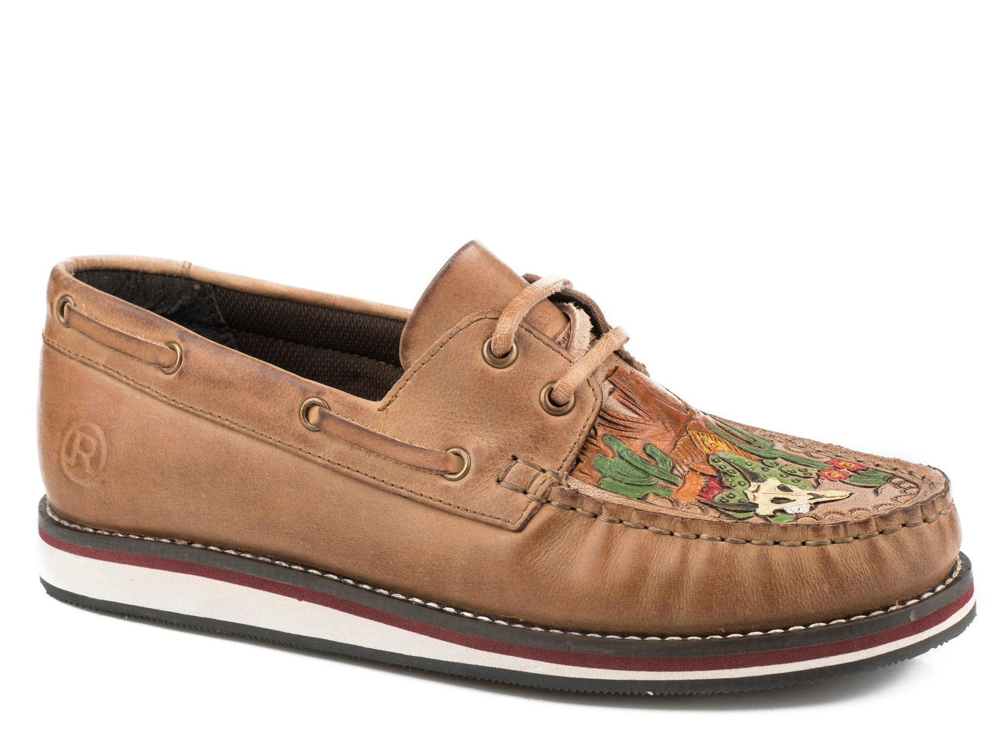 Roper Womens Lace Up Moccasin Brown Burnished Leather With Painted ...