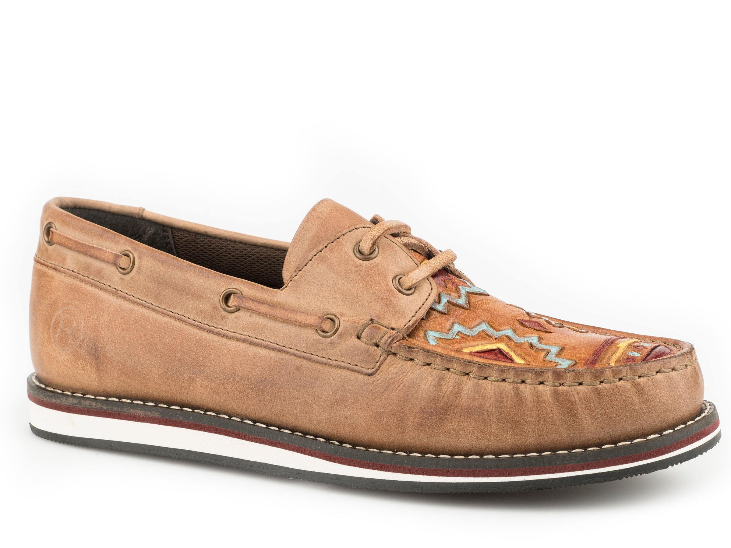 Roper Womens Lace Up Moccasin Tan Burnished Leather With Handtooled ...