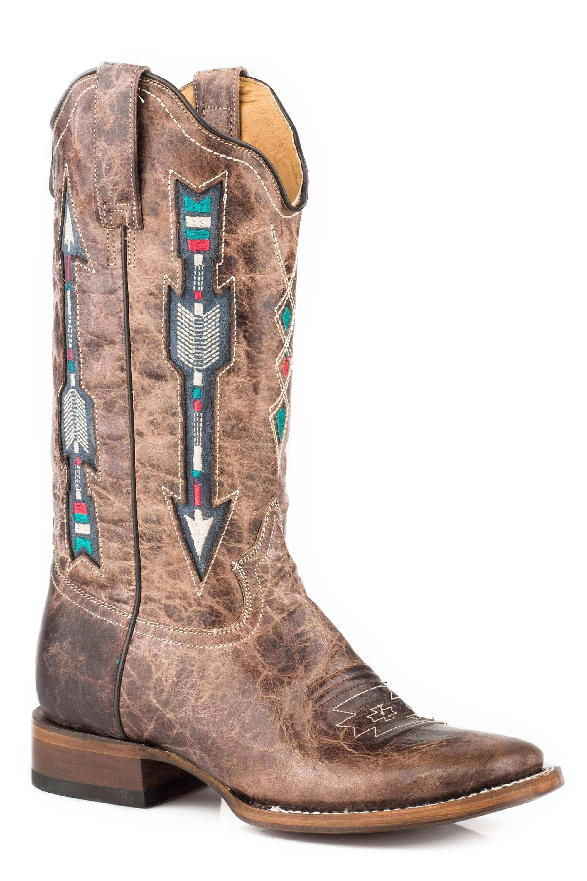 Roper Womens Leather Cowboy Boot Waxy Brown With Embroidered Arrow ...