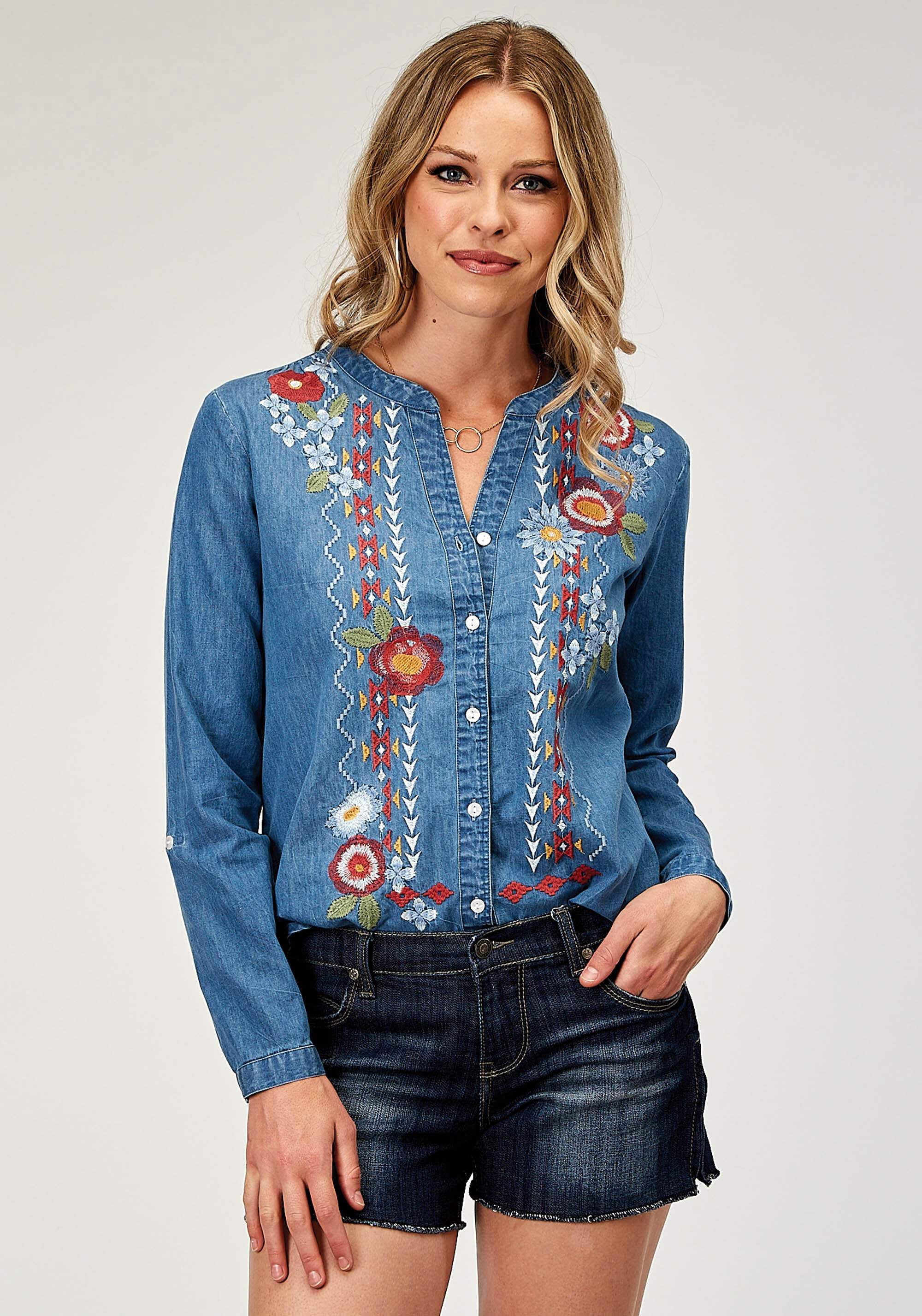 Roper Womens Long Sleeve Button Light Weight Med Blue Denim Blouse ...
