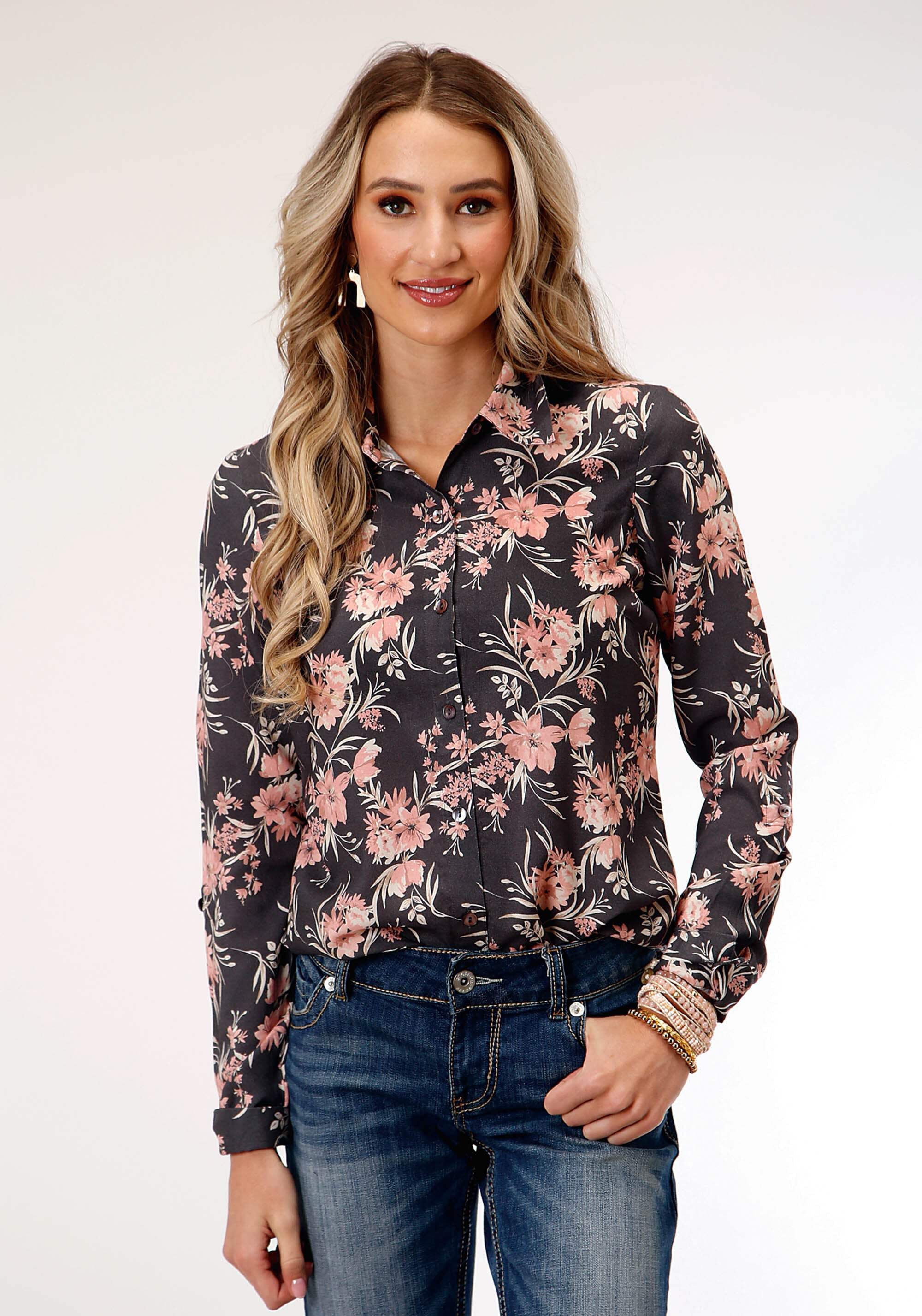 Roper Womens Long Sleeve Coral Floral Print Western Shirt Blouse ...