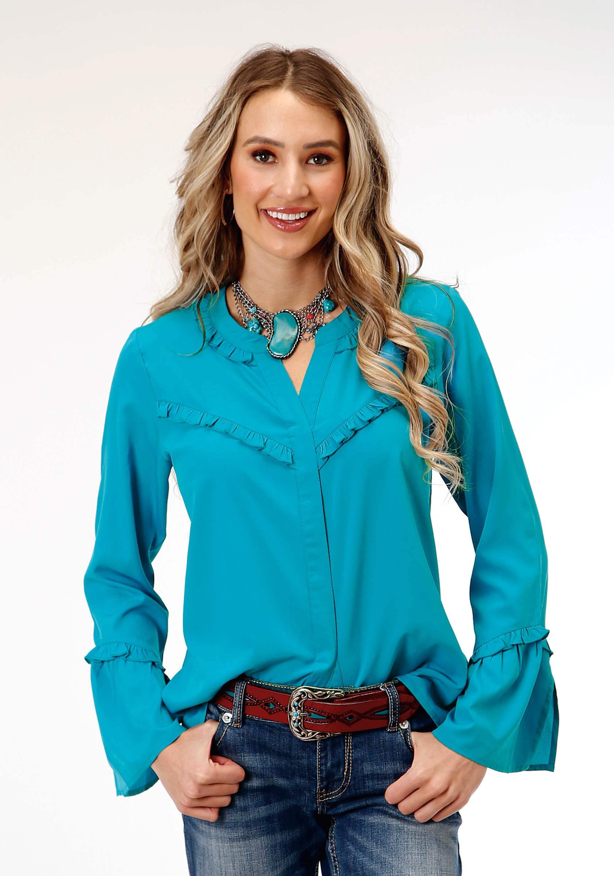 Roper Womens Long Sleeve Dk Turquoise Poly Peasant Blouse - Walmart.com