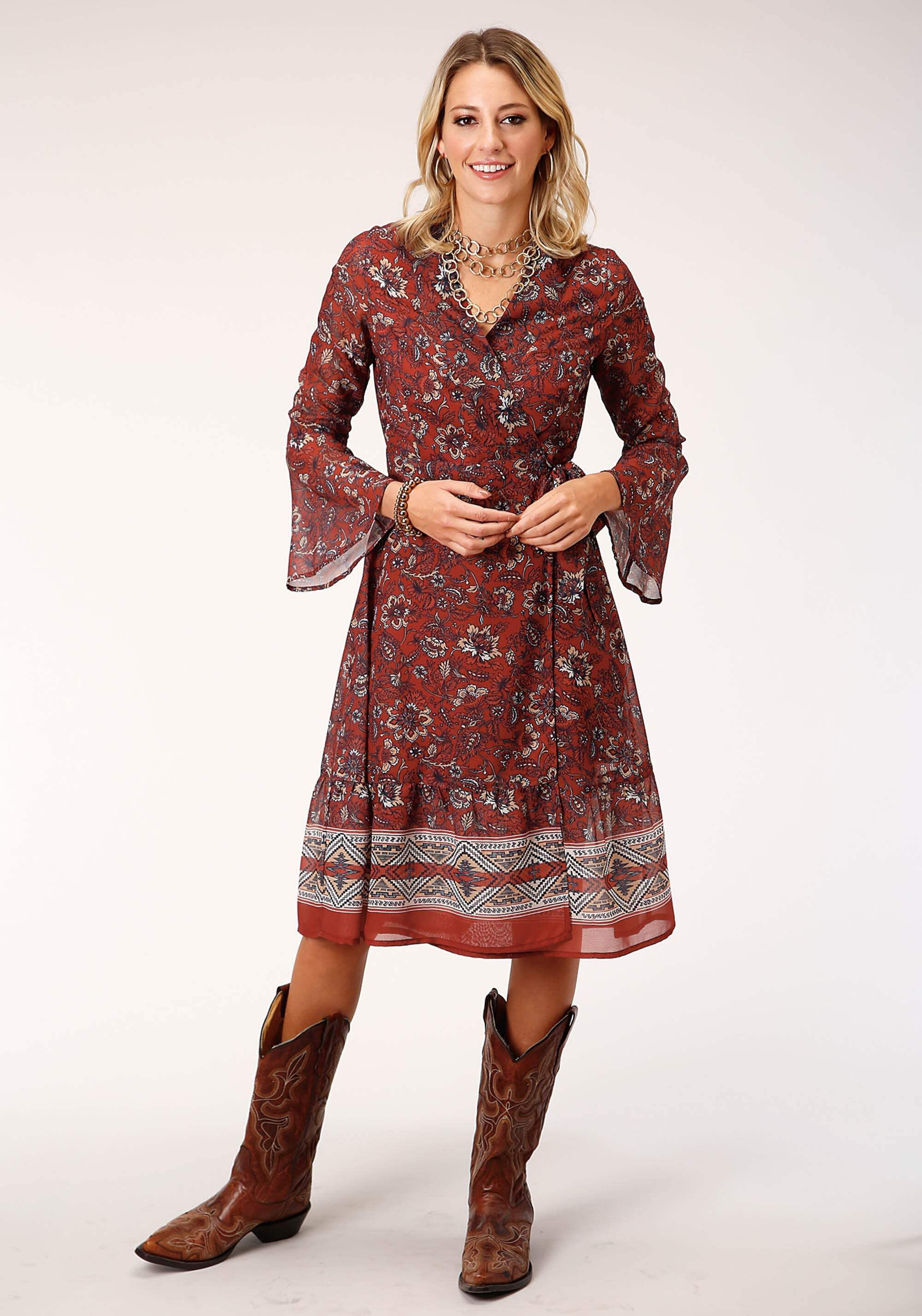 Roper Womens Long Sleeve Rust Floral Border Print Wrap Dress - Walmart.com