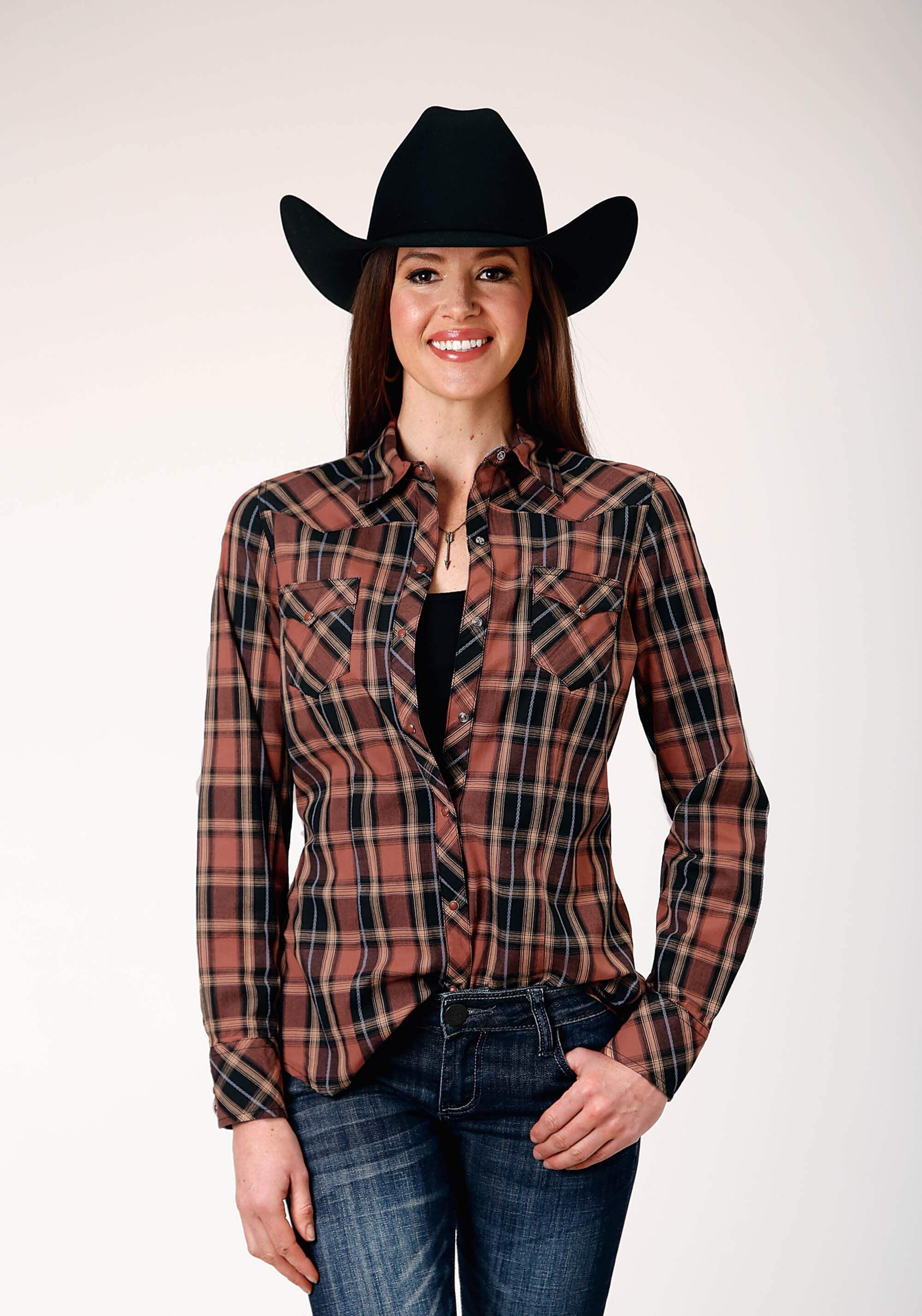 Roper Womens Long Sleeve Snap Arrow Dobby Plaid Western Shirt - Walmart.com