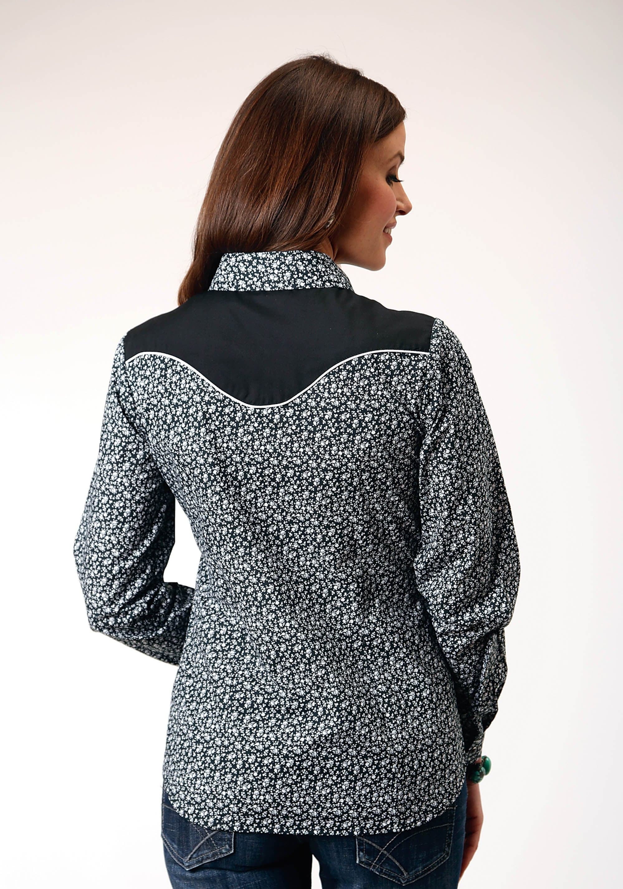 Roper Womens Long Sleeve Snap Black White Floral Print Western Shirt With Piping And Applique On ...