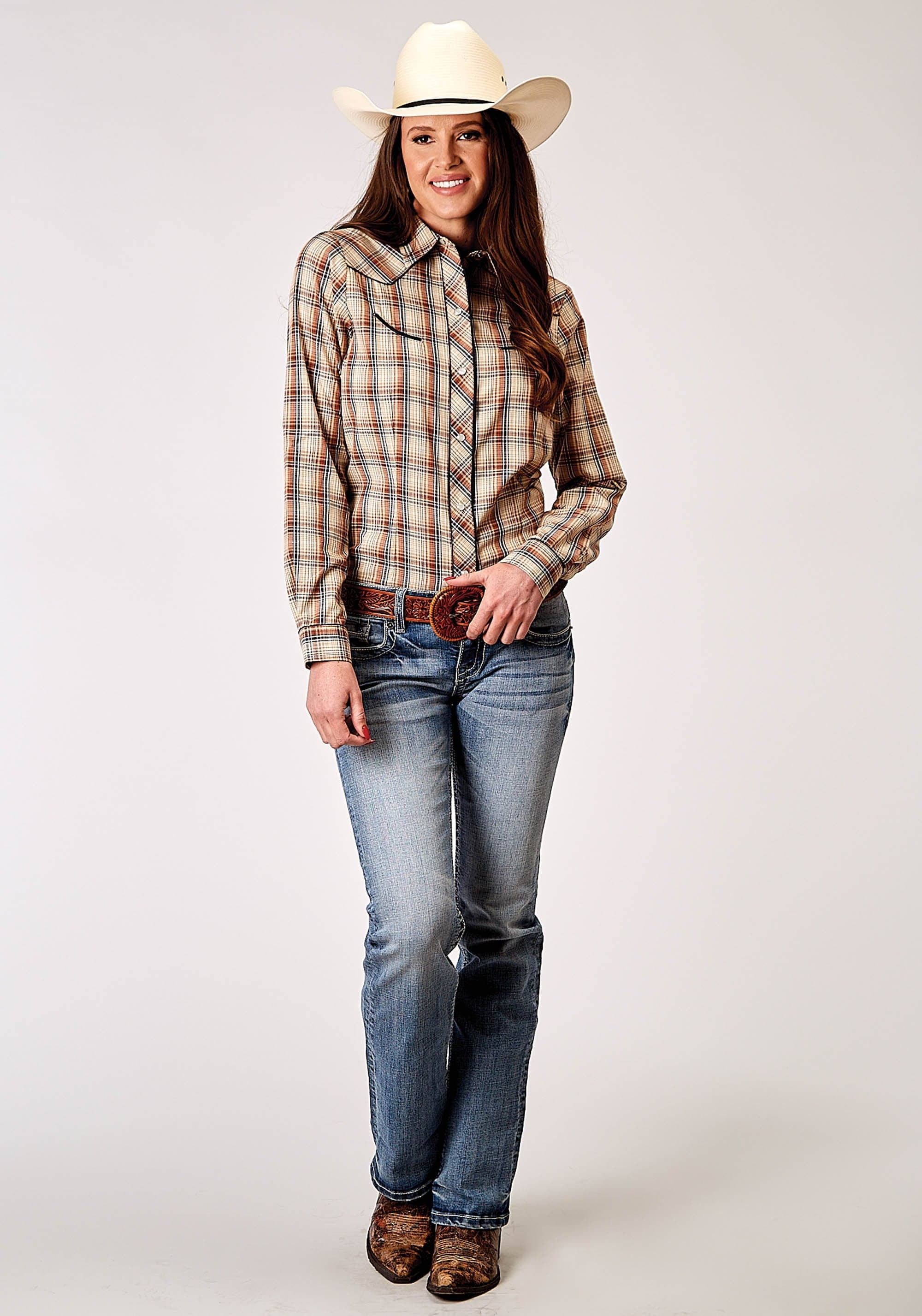 Roper Womens Long Sleeve Snap Brown Plaid Western Shirt With Solid ...