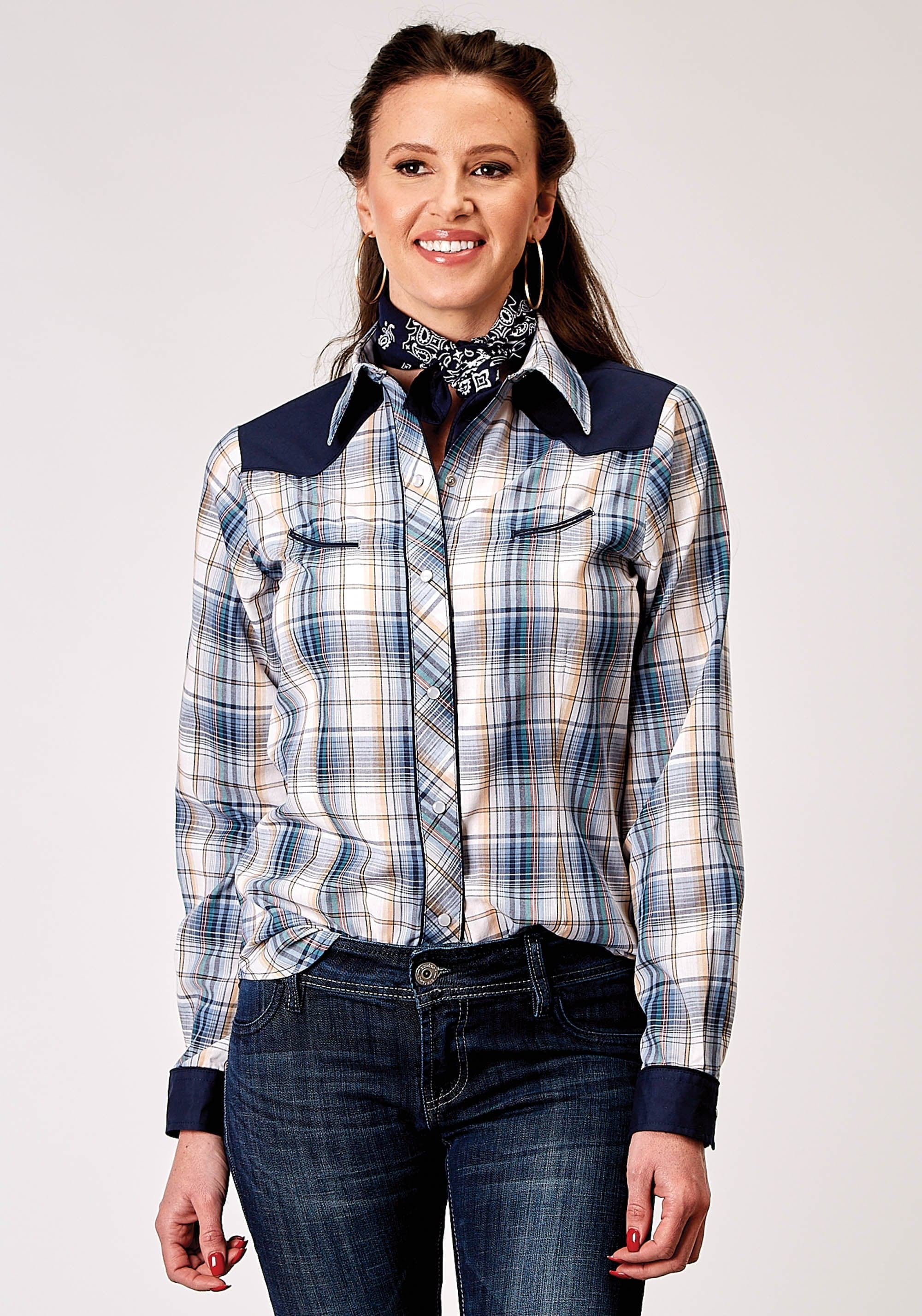 Roper Womens Long Sleeve Snap Madris Plaid Plaid Western Shirt With ...