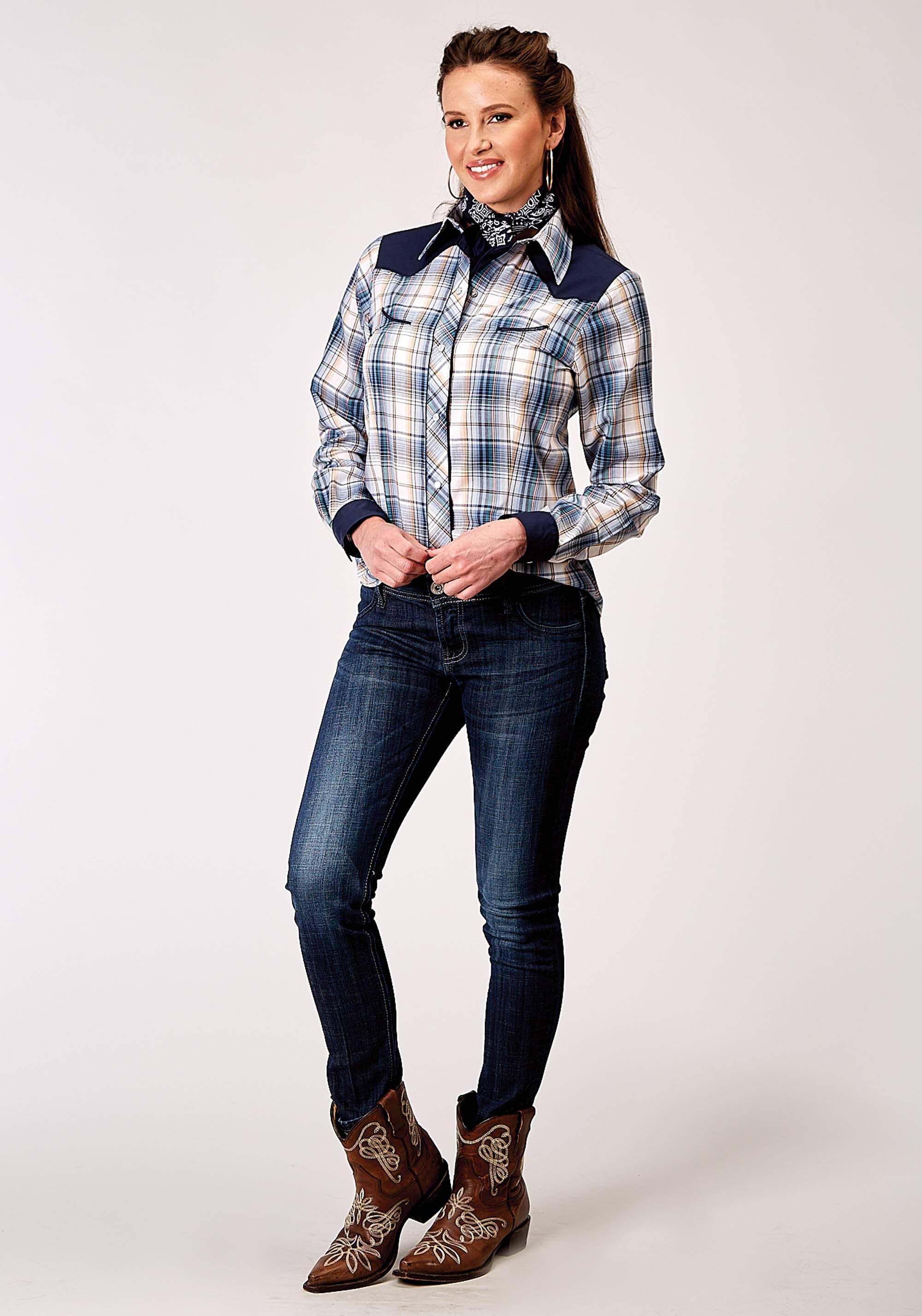 Roper Womens Long Sleeve Snap Madris Plaid Plaid Western Shirt With ...