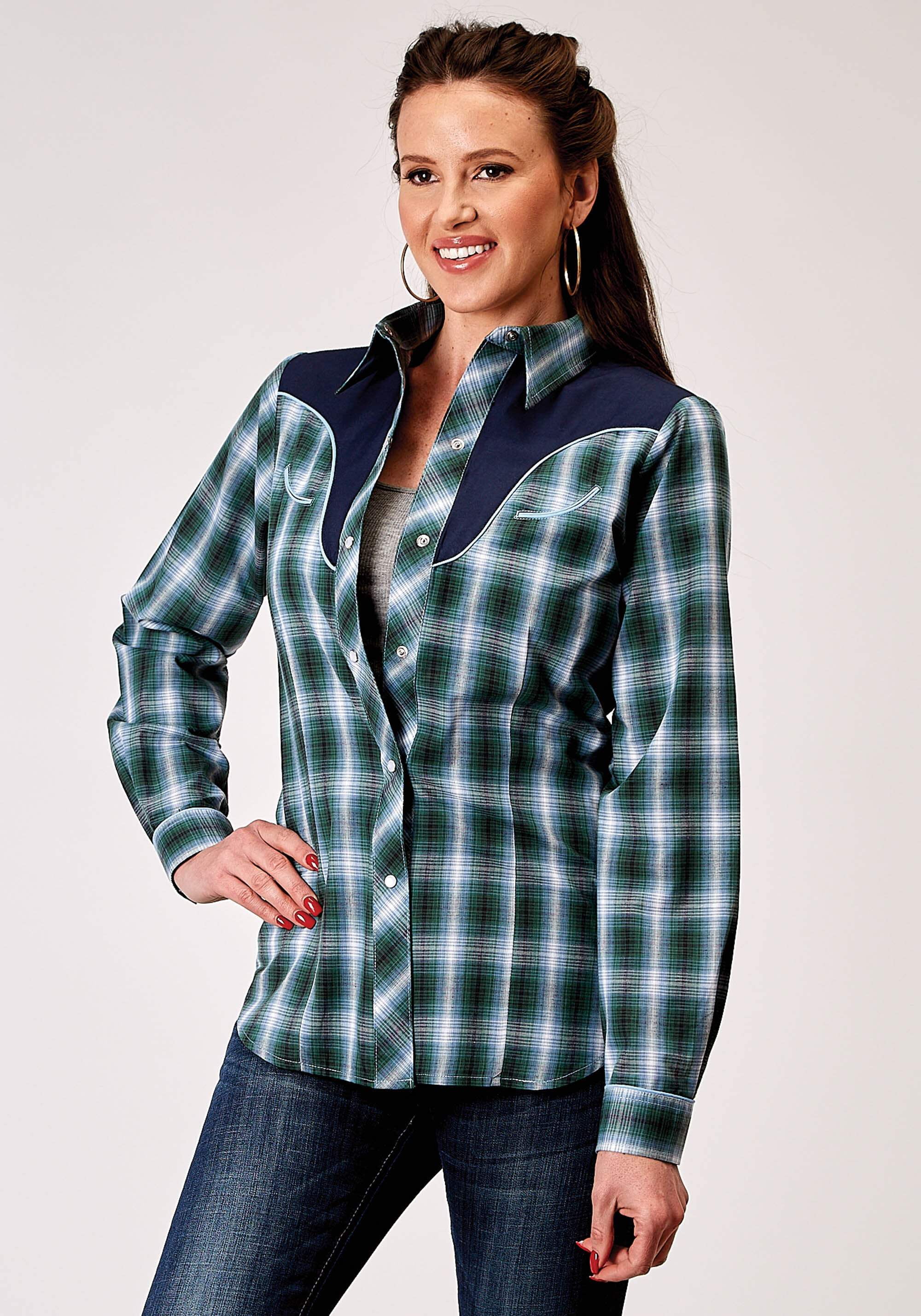 Roper Womens Long Sleeve Snap Ocean Plaid Western Shirt With Fancy ...