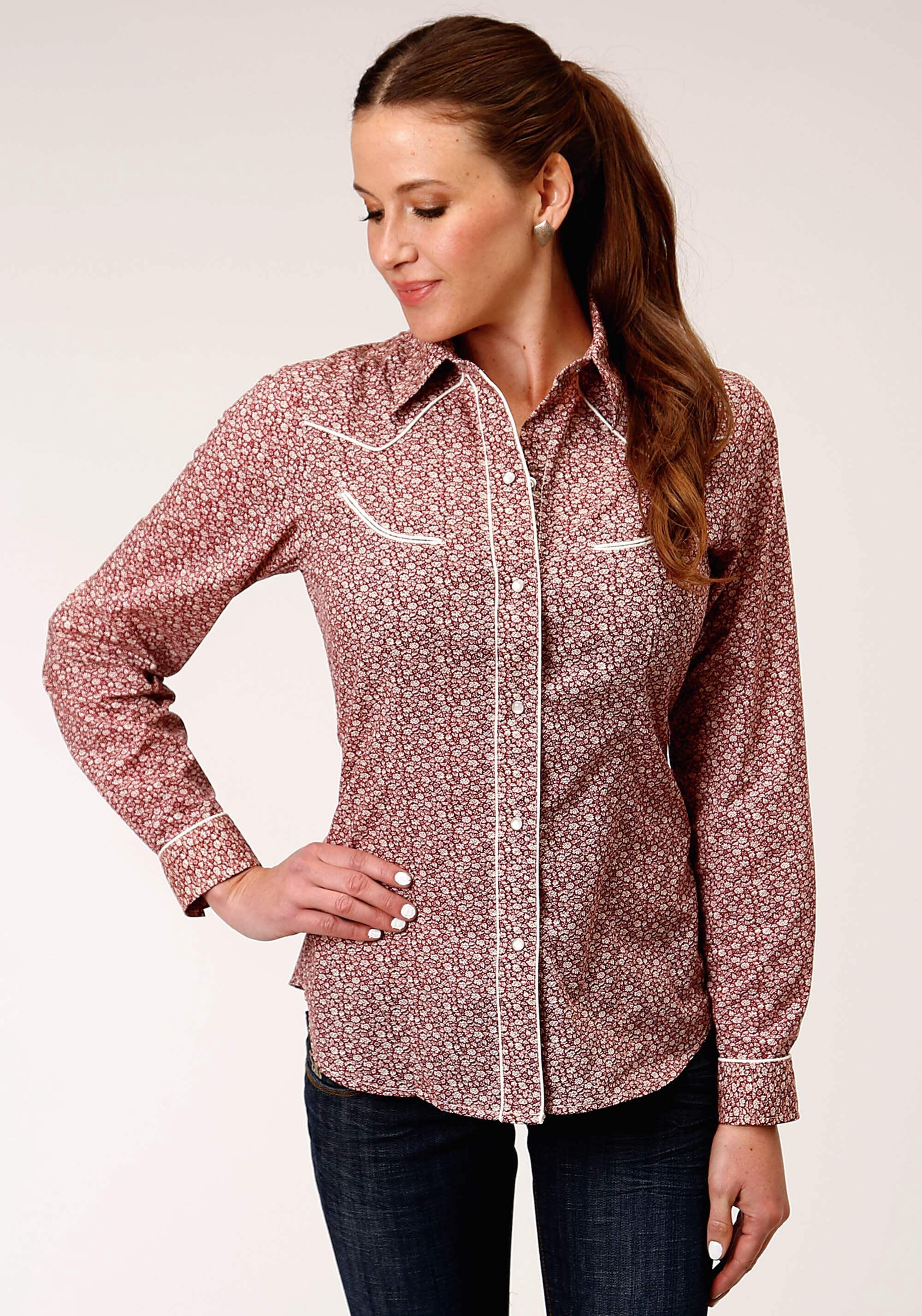 Roper Womens Long Sleeve Snap Red And Cream Vintage Floral Print ...