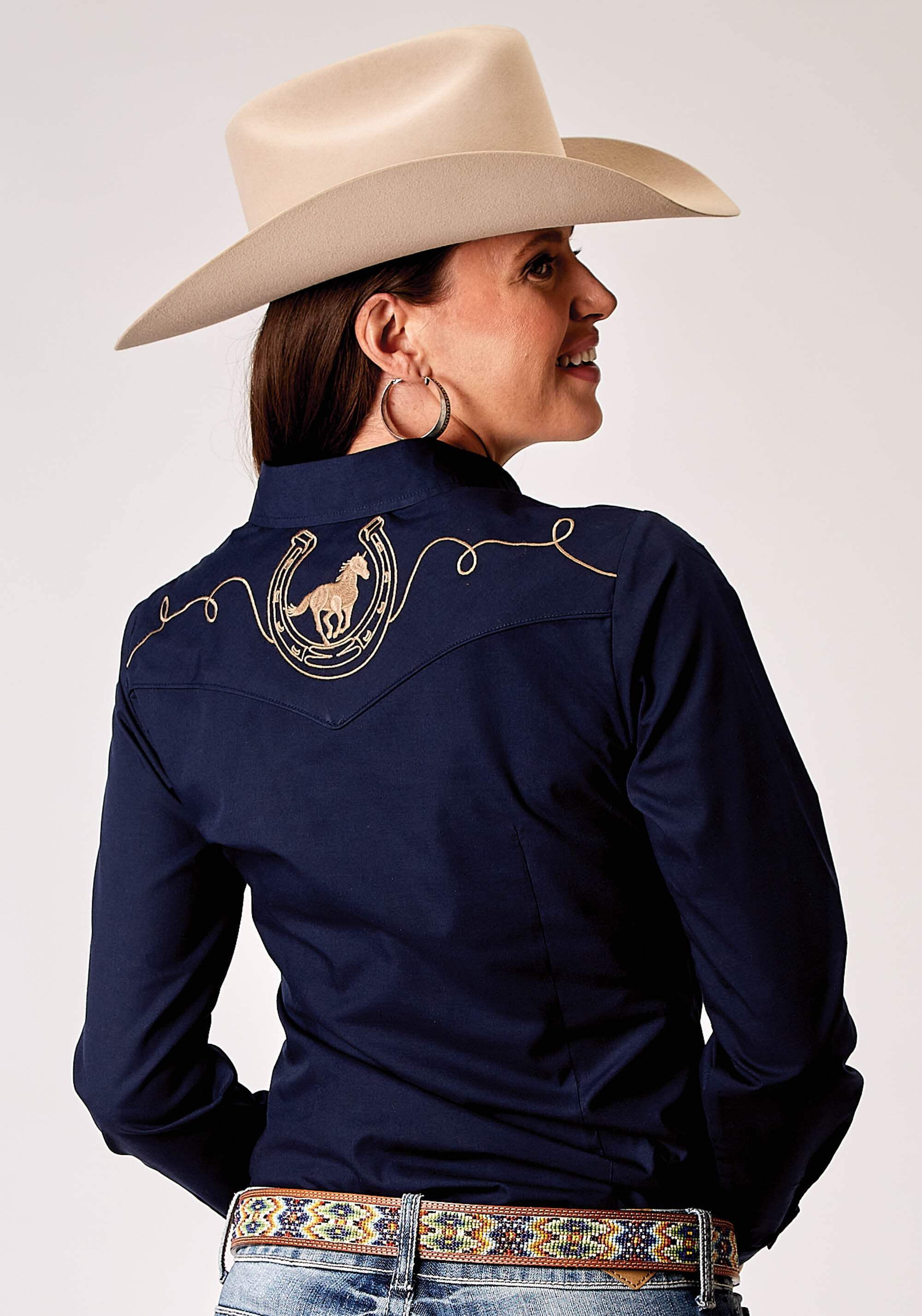 Roper Womens Long Sleeve Snap Solid Broadcloth Deep Navy Western Shirt With Embroidery On Back ...