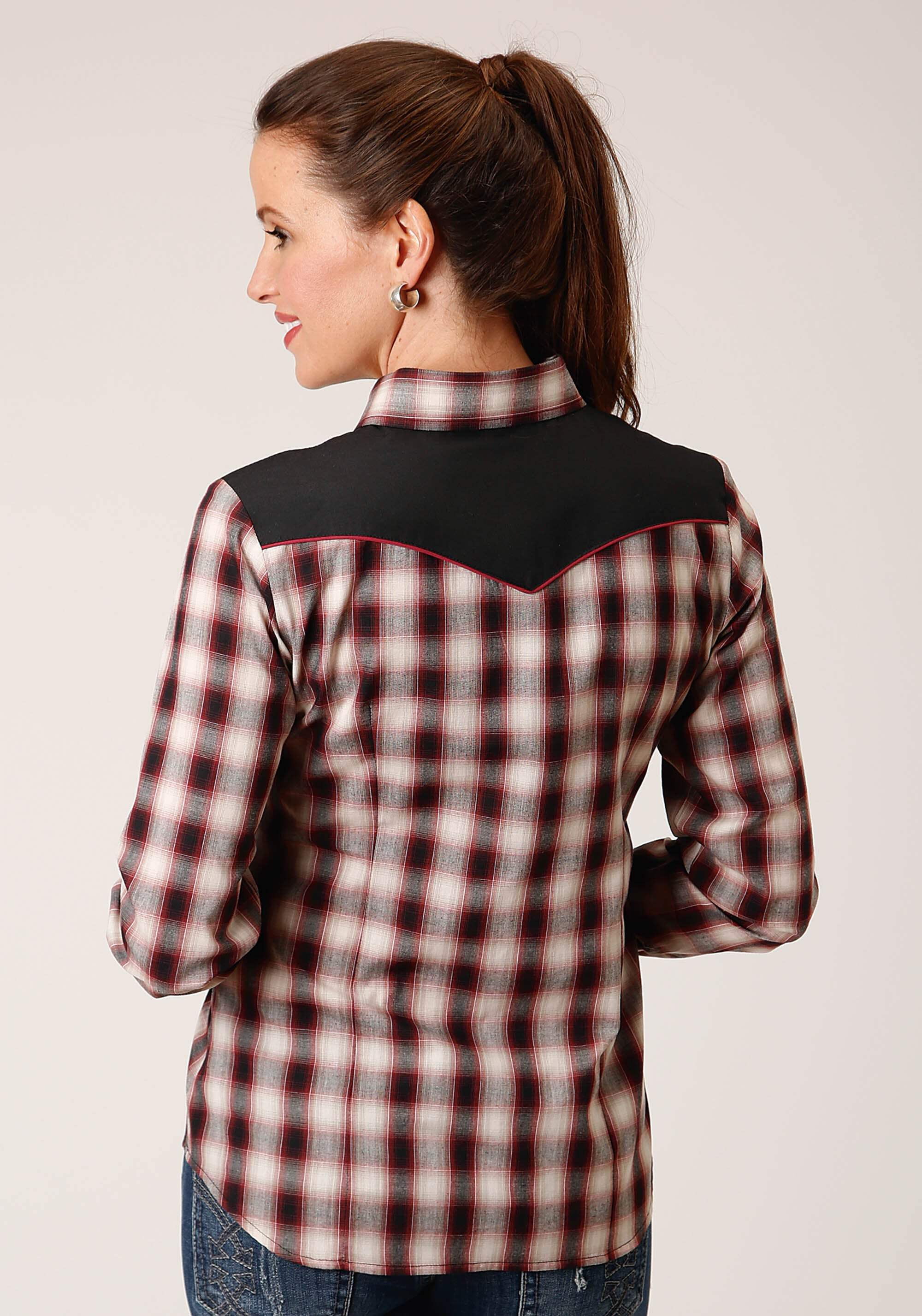 Roper Womens Long Sleeve Snap Wine Black Cream Plaid Western Shirt With ...