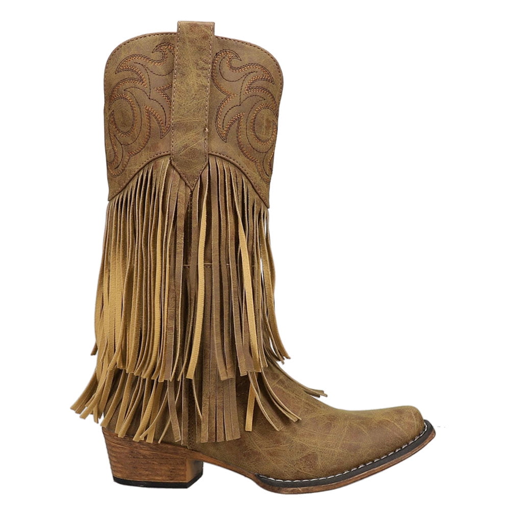 Roper Women's Faux Leather Rickrack Embroidery Fringe Snip Toe Mid Calf ...