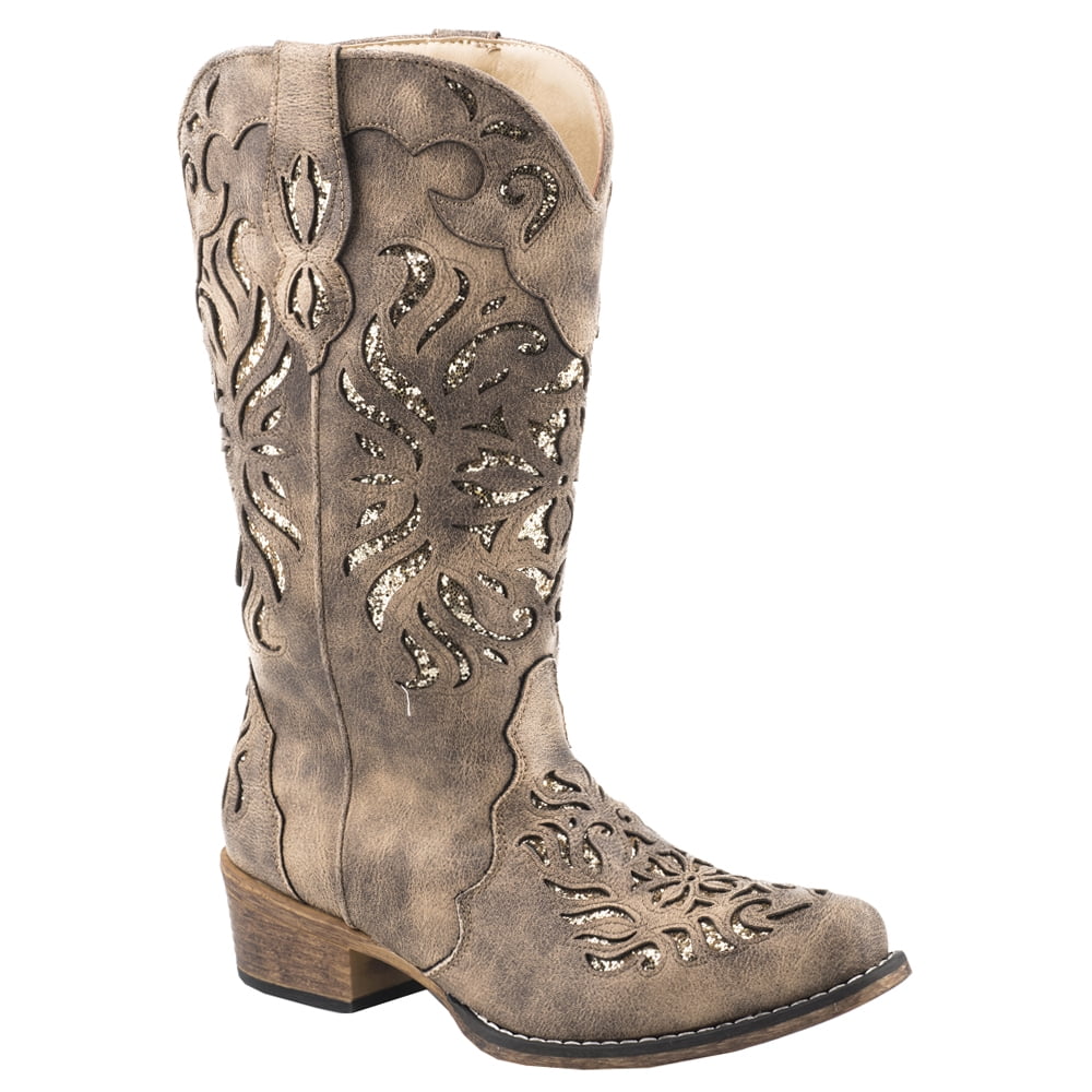 Roper Womens Riley Glitz Tooled Inlay Snip Toe Cowboy Mid Calf Boots ...