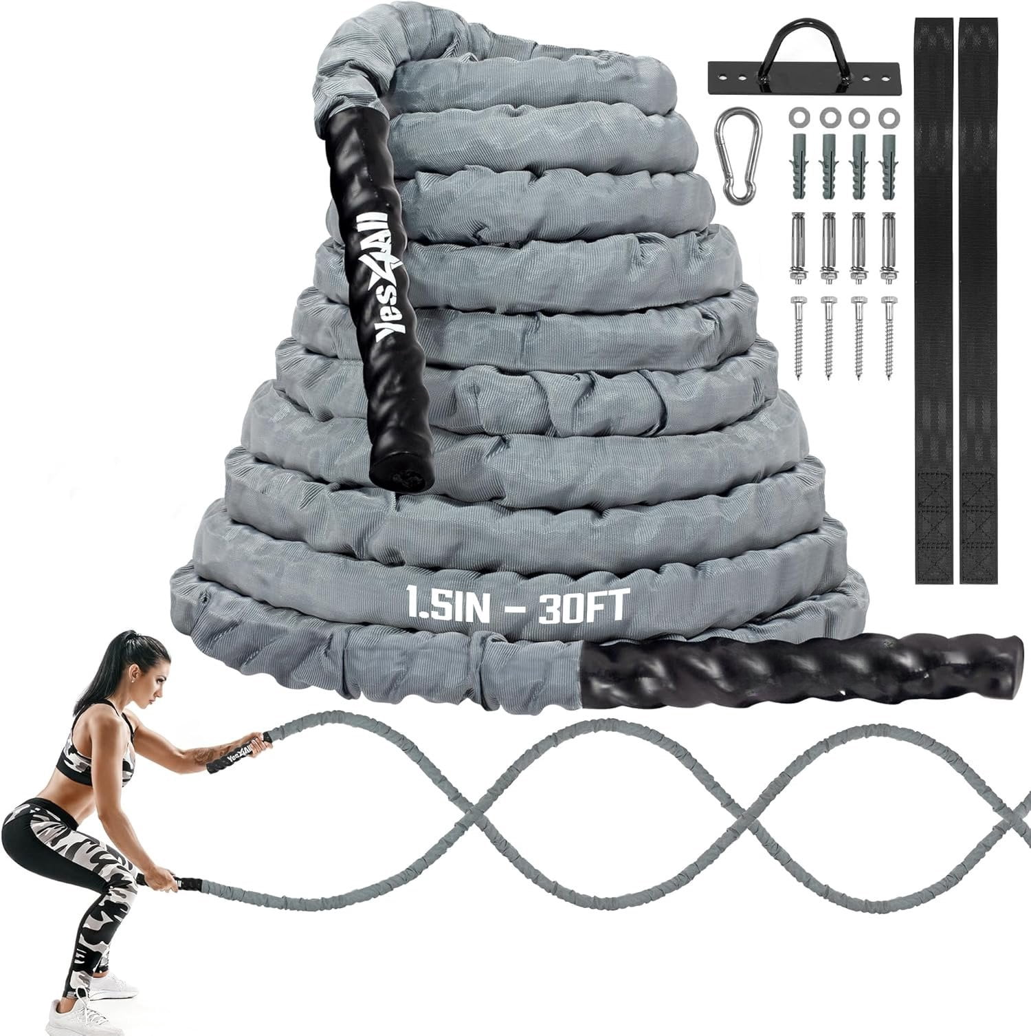 Ropes, Workout Rope with Cover, Anchor & Strap Included, Heavy Ropes ...