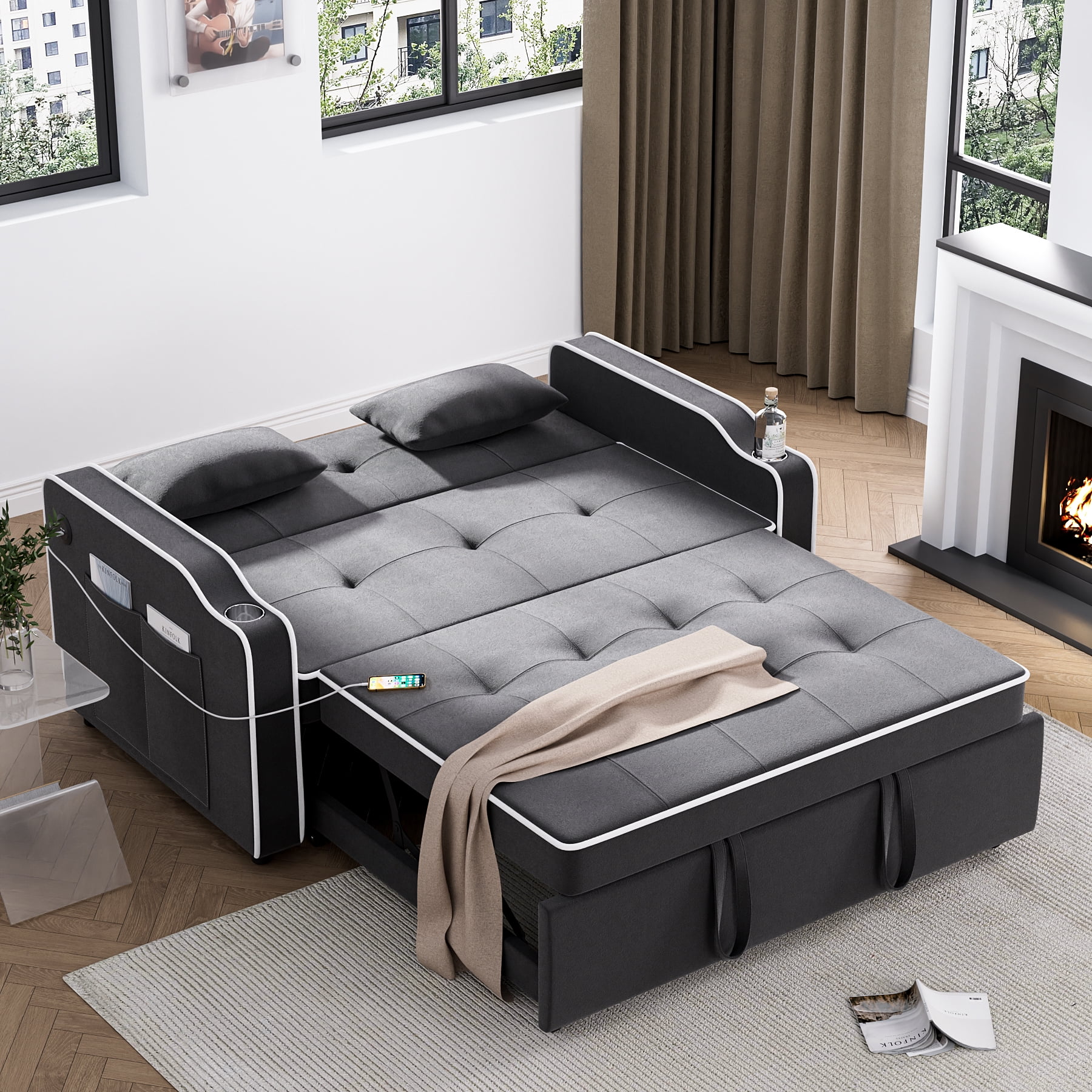 Rophefx 3 in 1 Convertible Sleeper Sofa Couch with Pullout Bed, Sherpa ...