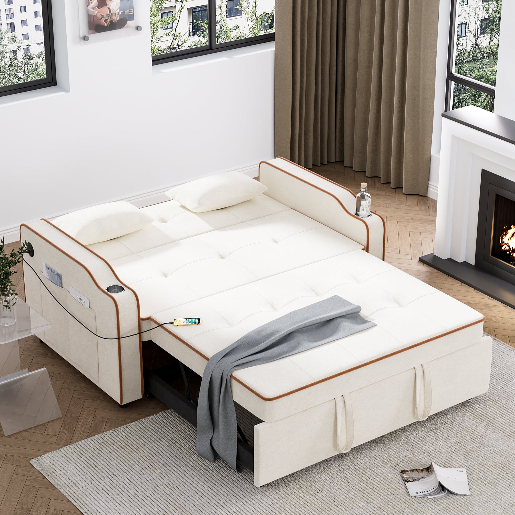 Rophefx Sherpa Convertible Sleeper Sofa with Pullout Bed and Pillows