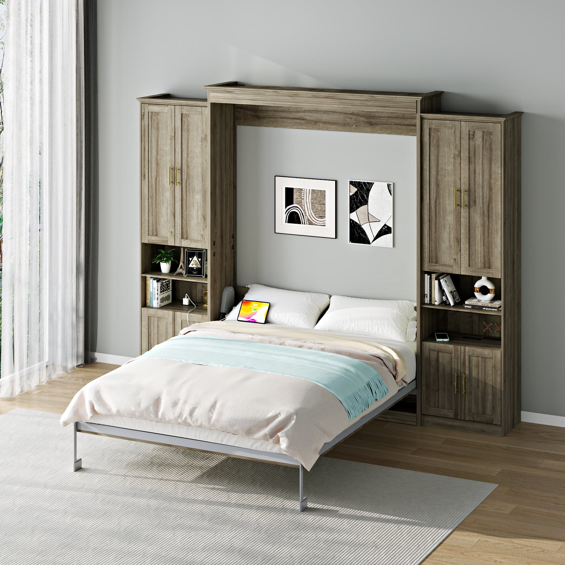 Rophefx Queen Murphy Bed, with Storage Shelves, Wall Bed Cabinet ...