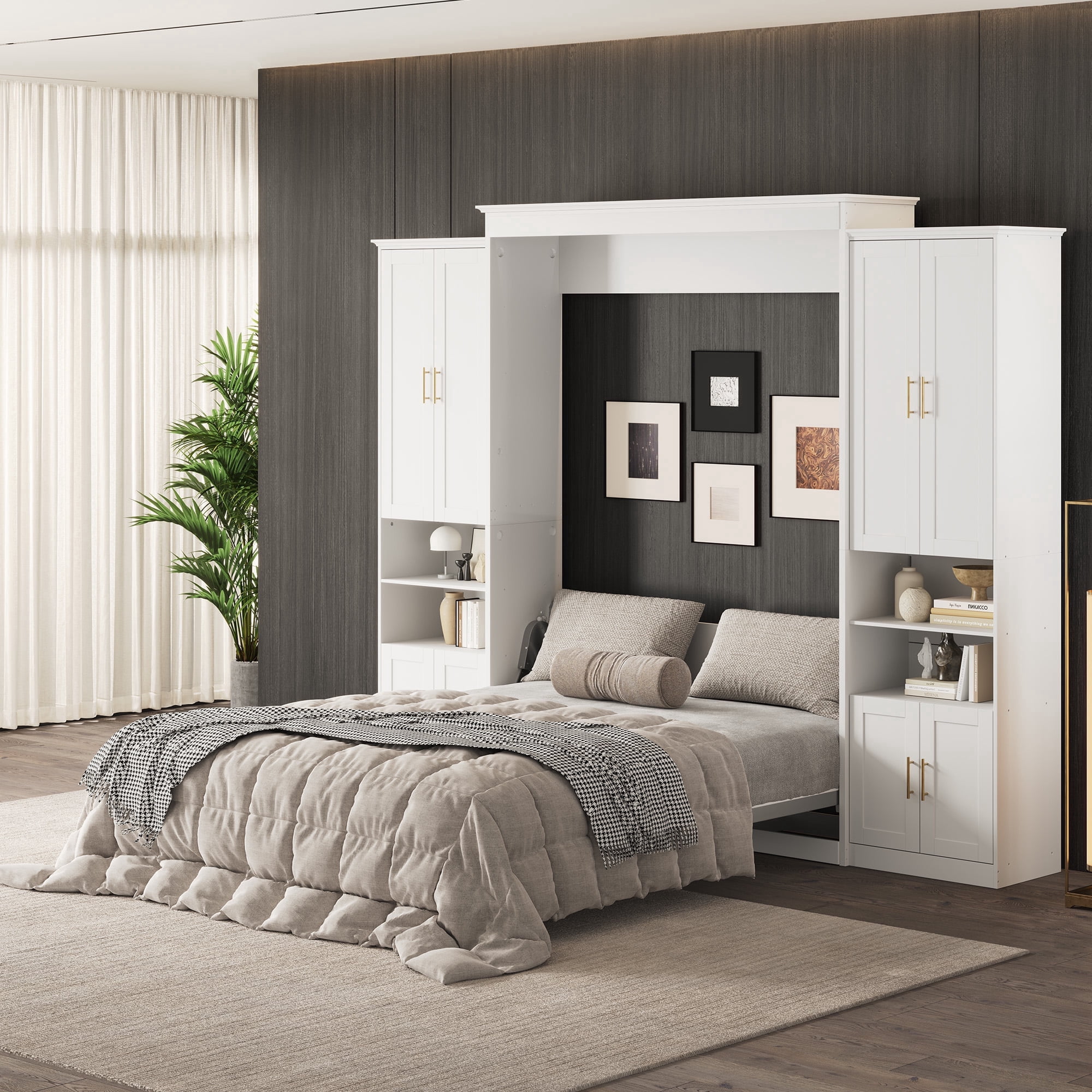 Rophefx Queen Murphy Bed, with Storage Shelves, Wall Bed Cabinet ...