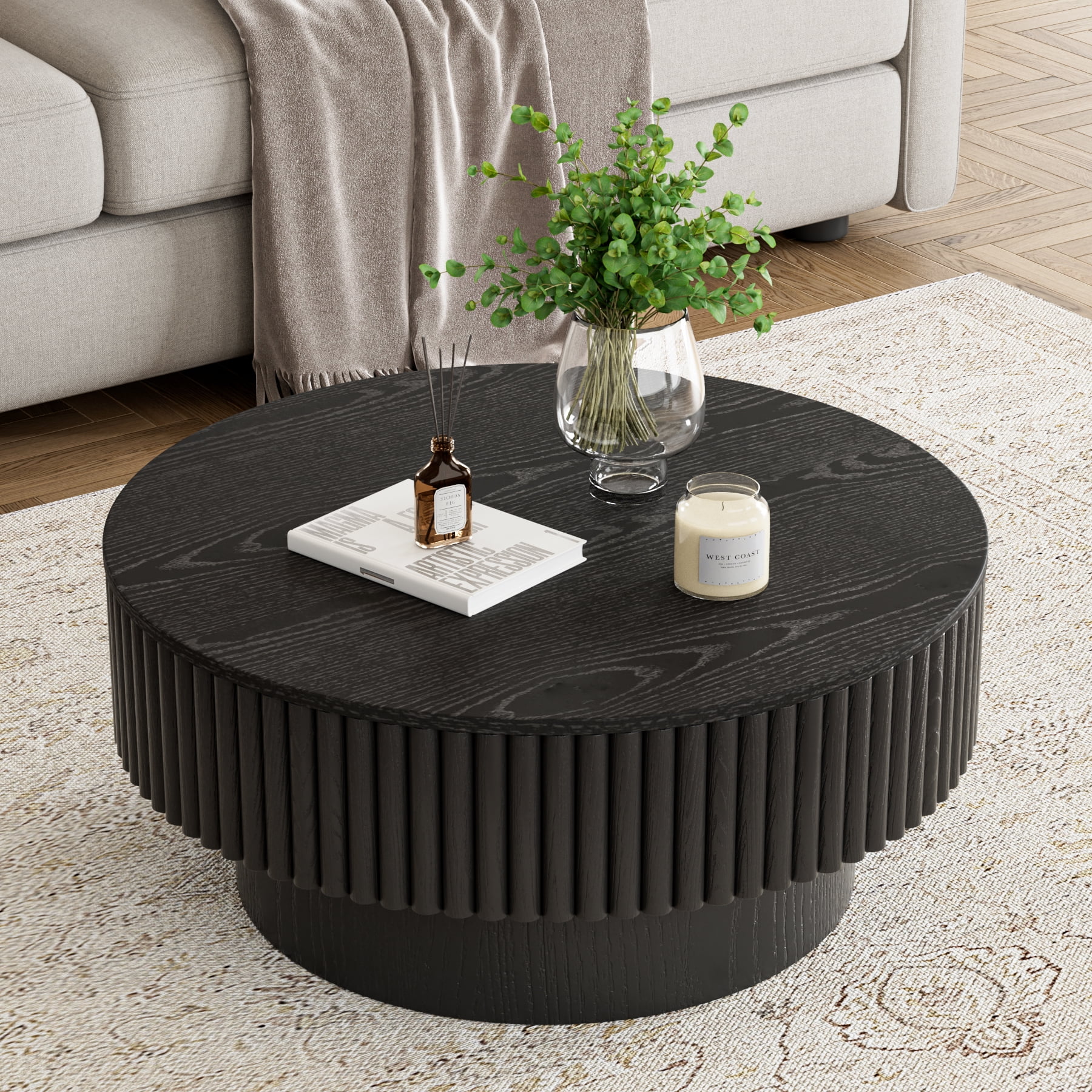 Rophefx Round Coffee Table with Storage, Modern Wood Handcrafted Relief ...