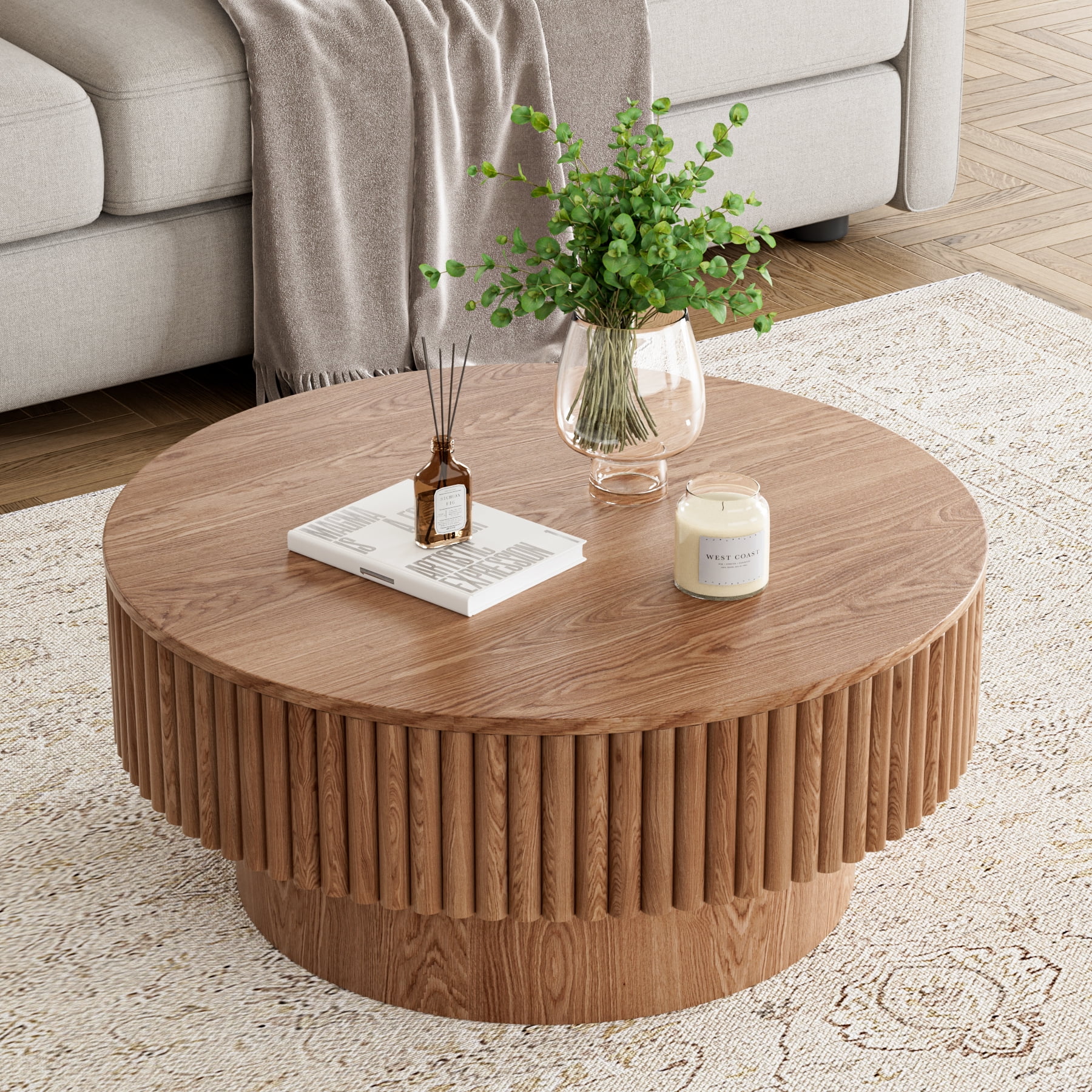Rophefx Round Coffee Table with Storage, Modern Wood Handcrafted Relief ...
