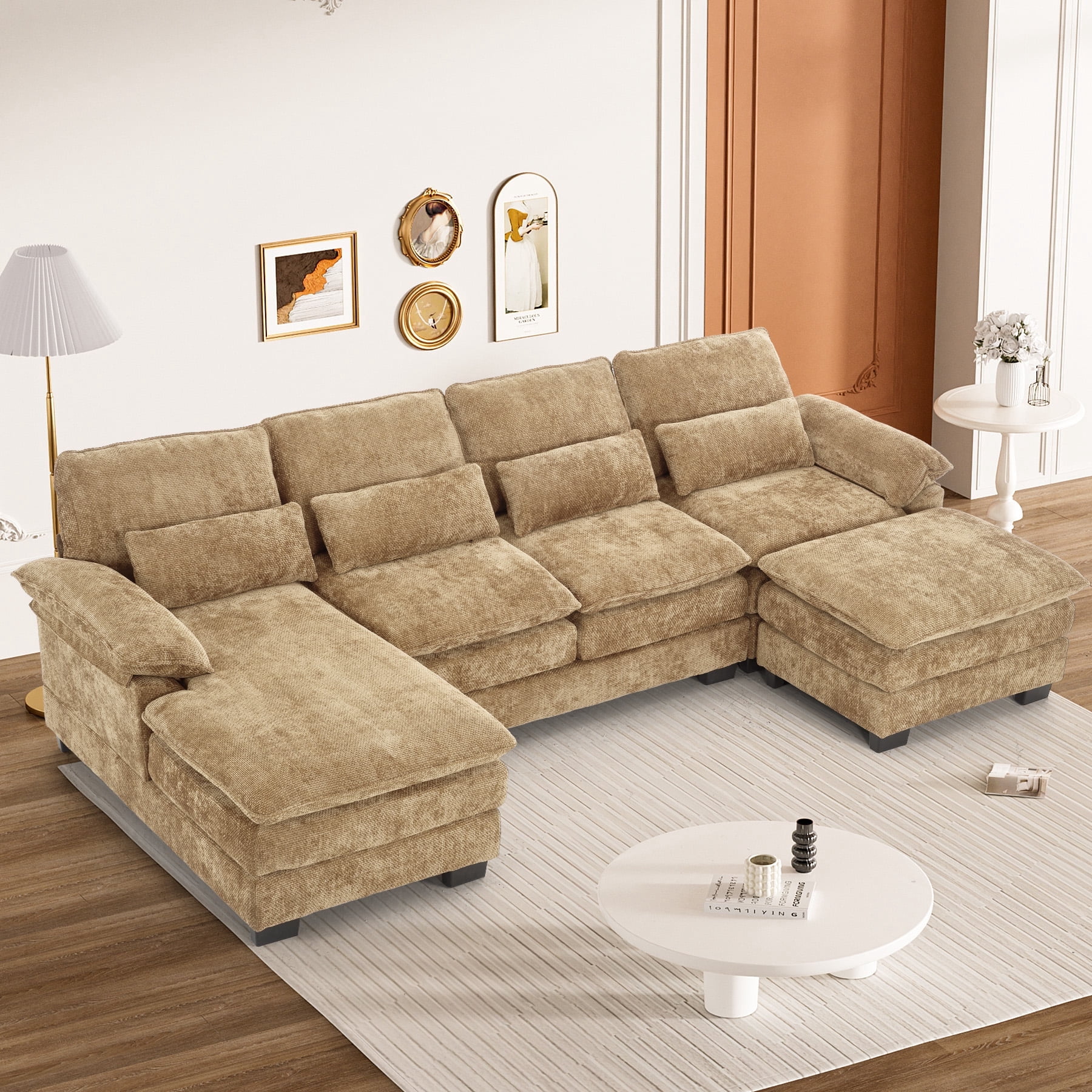 Rophefx Soft Chenille Fabric U-shaped Sectional Sofa Set with Double ...