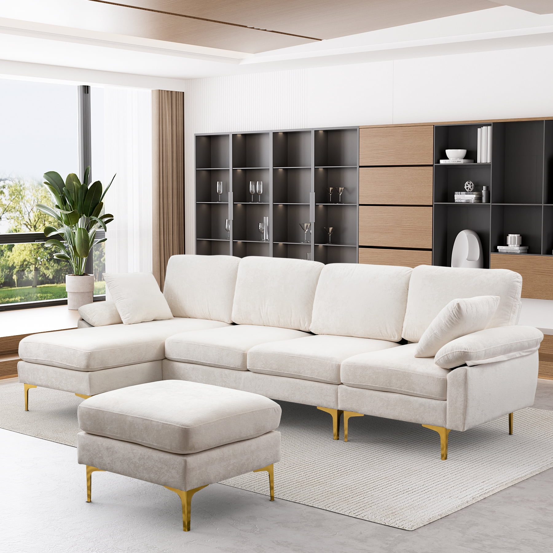 Rophefx Velvet U-shaped Sectional Couch with Ottoman and Double Chaise ...