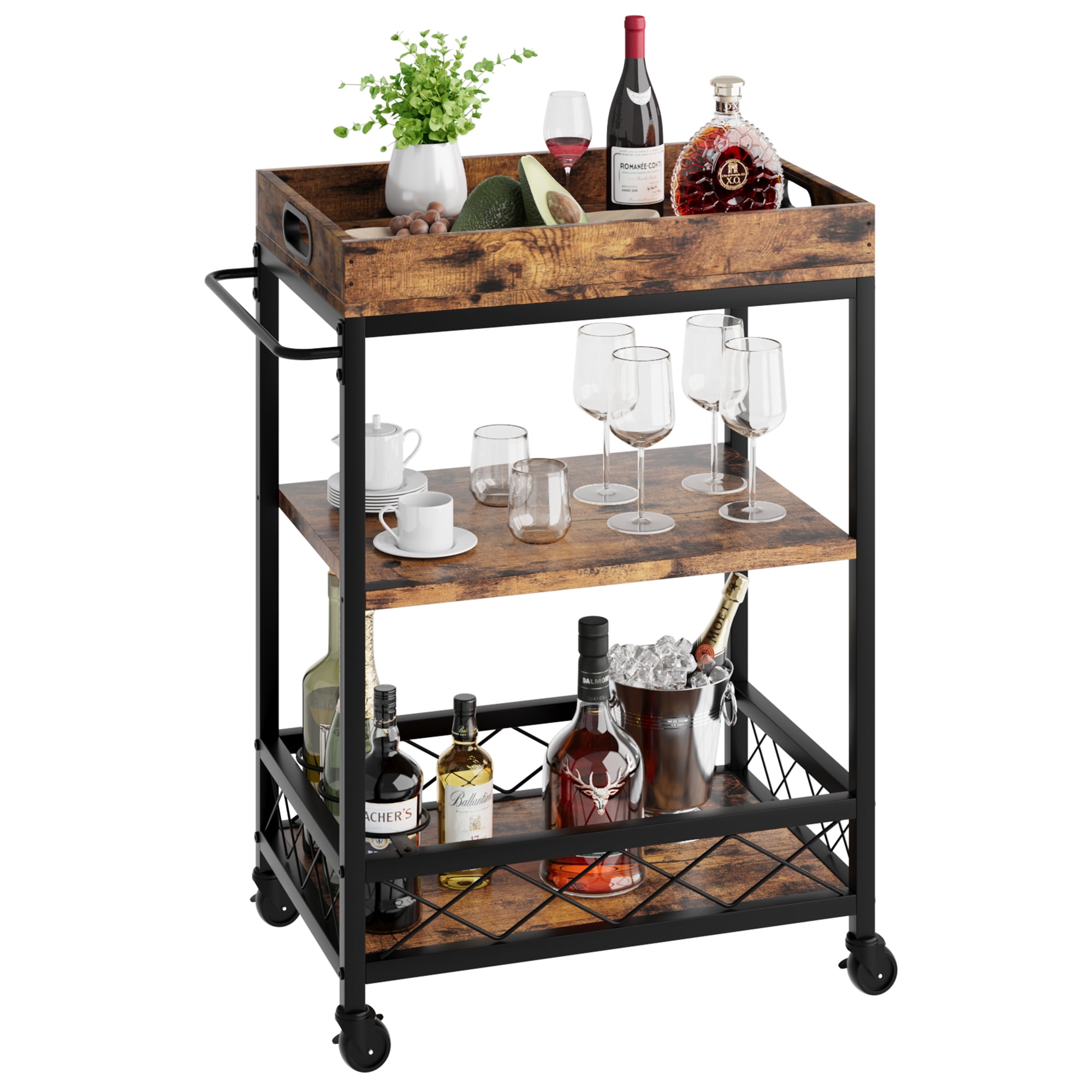 Roromall 3 Tier Bar Carts for The Home with Wine Rack, Glasses Holder ...