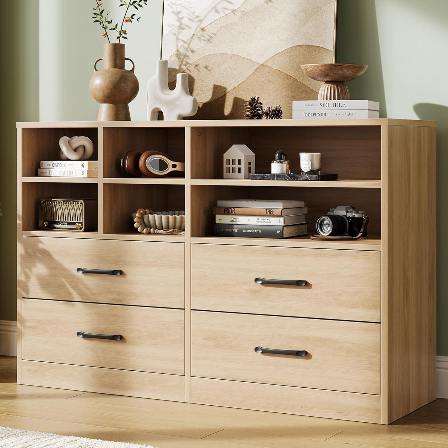 Roromall 4 Drawer Dresser with 6 Adjustable Open Cubbies, Modern Oak ...