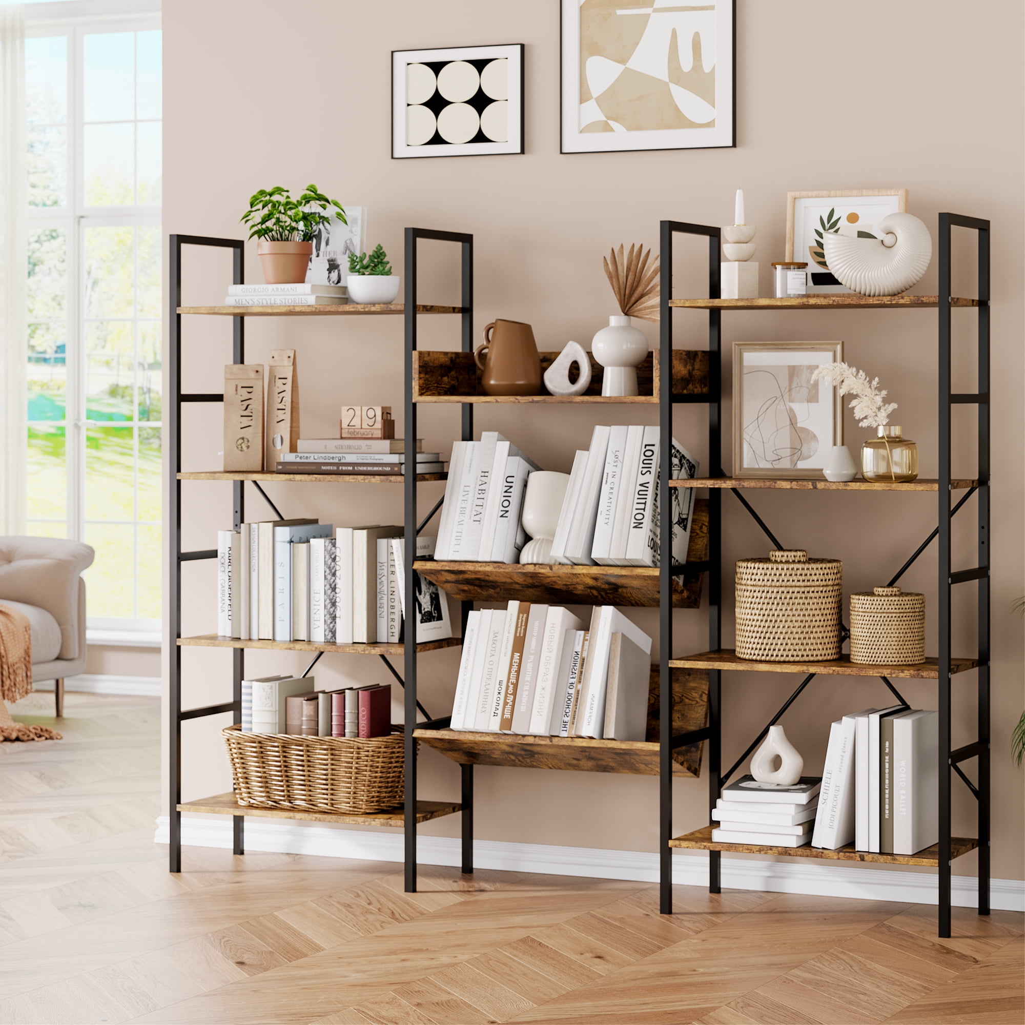 Roromall 4 Tier Industrial Bookcases, Triple Wide Industrial Bookshelf ...
