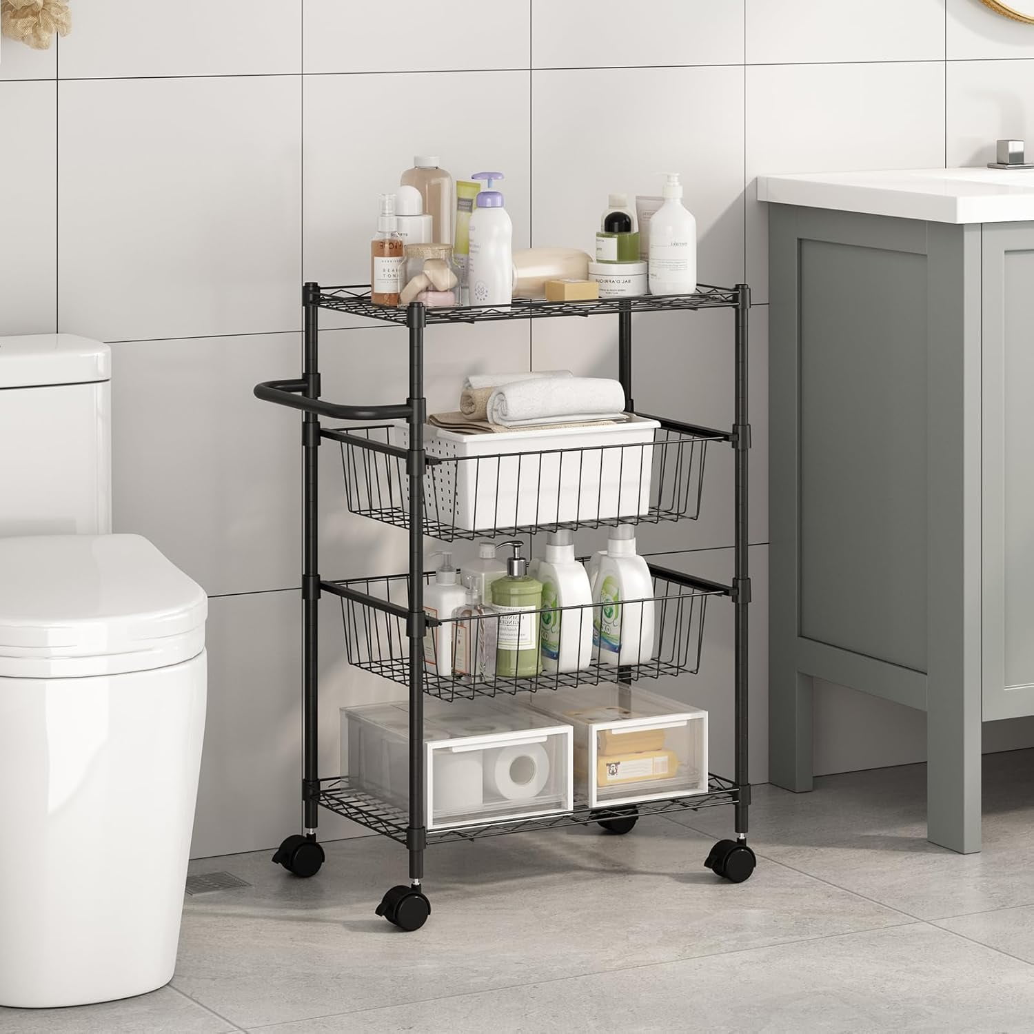 Roromall 4-Tier Rolling Storage Cart, Adjustable Wire Shelving Unit ...